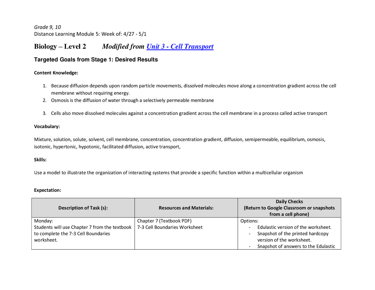 Biology – Level 2 Modified from Unit 3 | Exercises Biology | Docsity