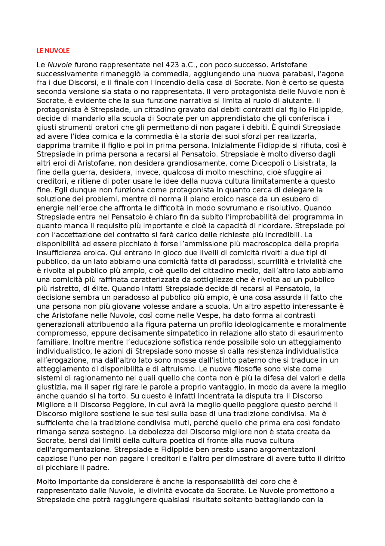 Le Nuvole Commedia Di Aristofane Appunti Di Letteratura Docsity