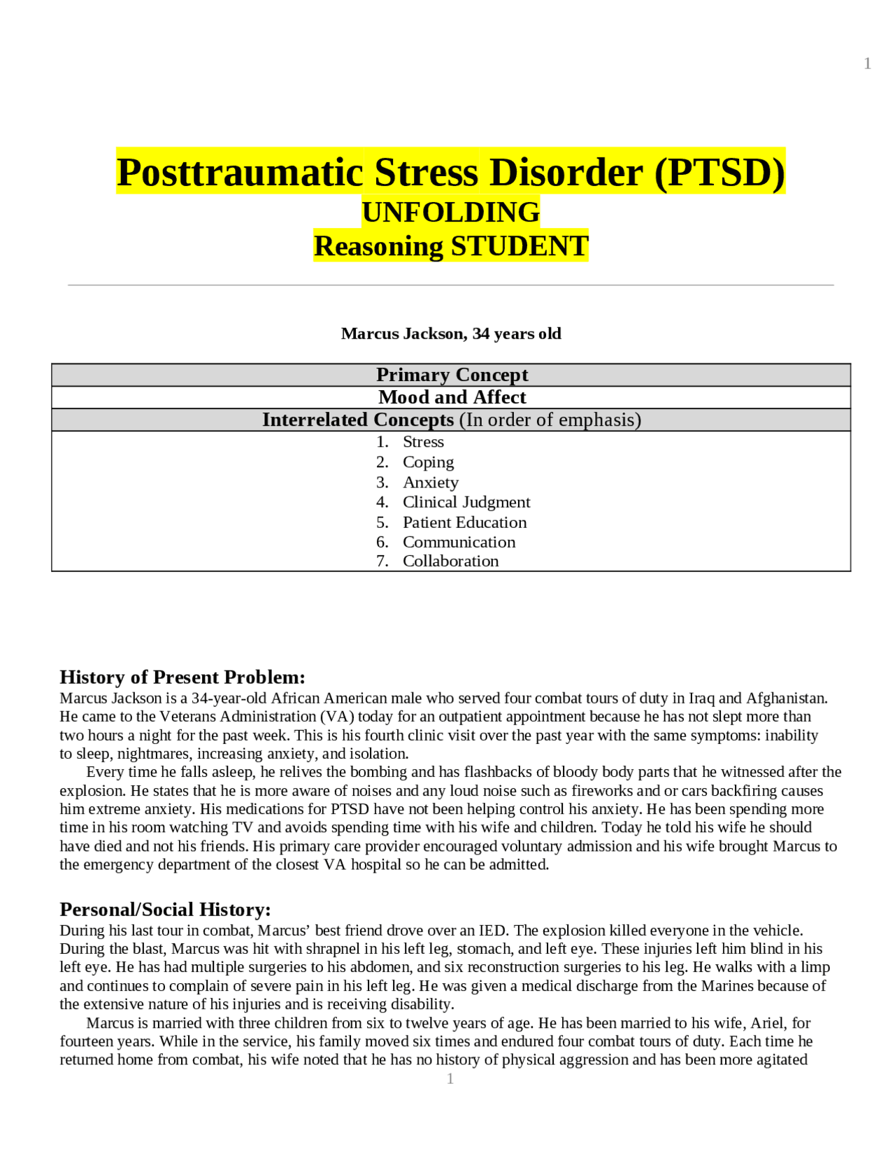 Posttraumatic Stress Disorder (PTSD) UNFOLDING Reasoning - Marcus ...