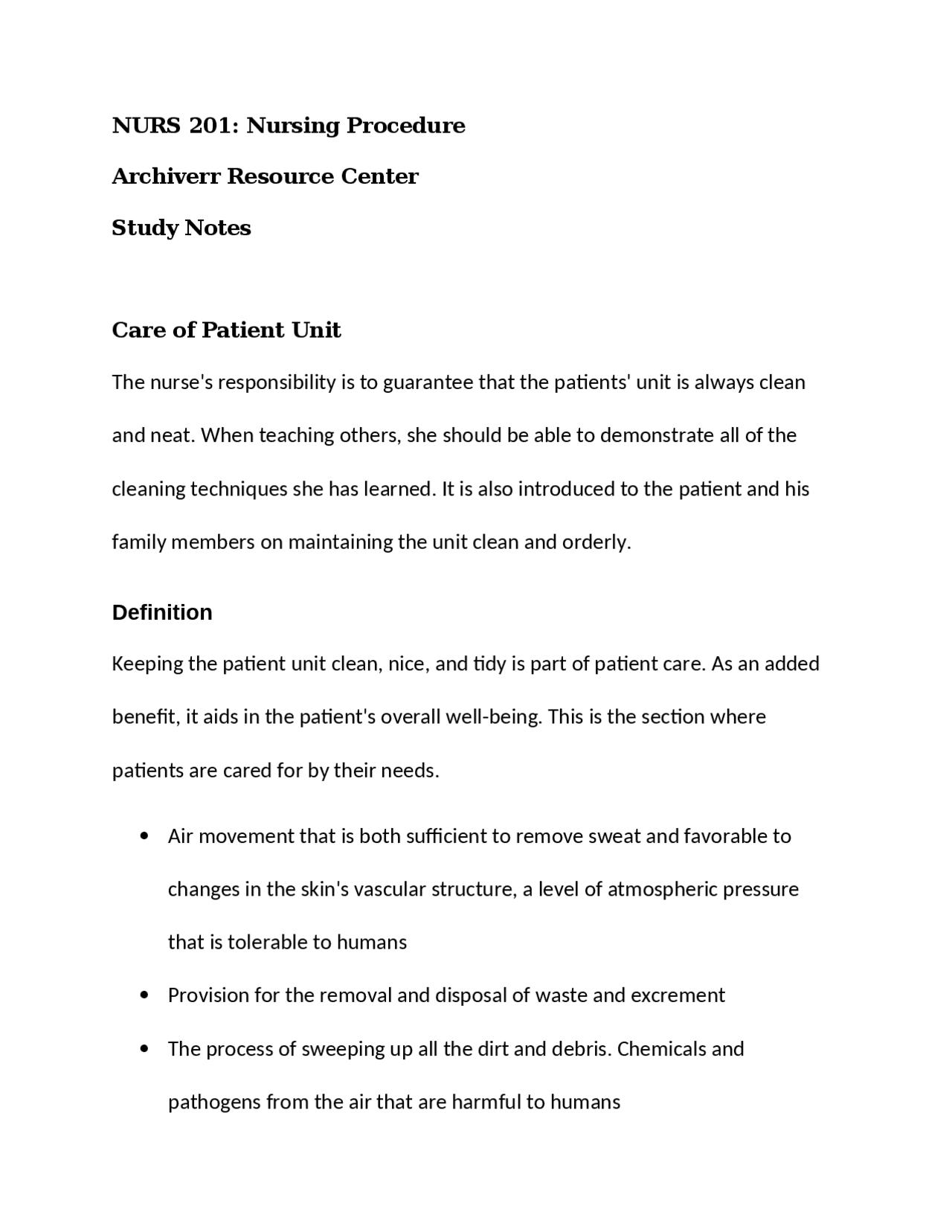Care of Patient Unit | Study notes Nursing | Docsity