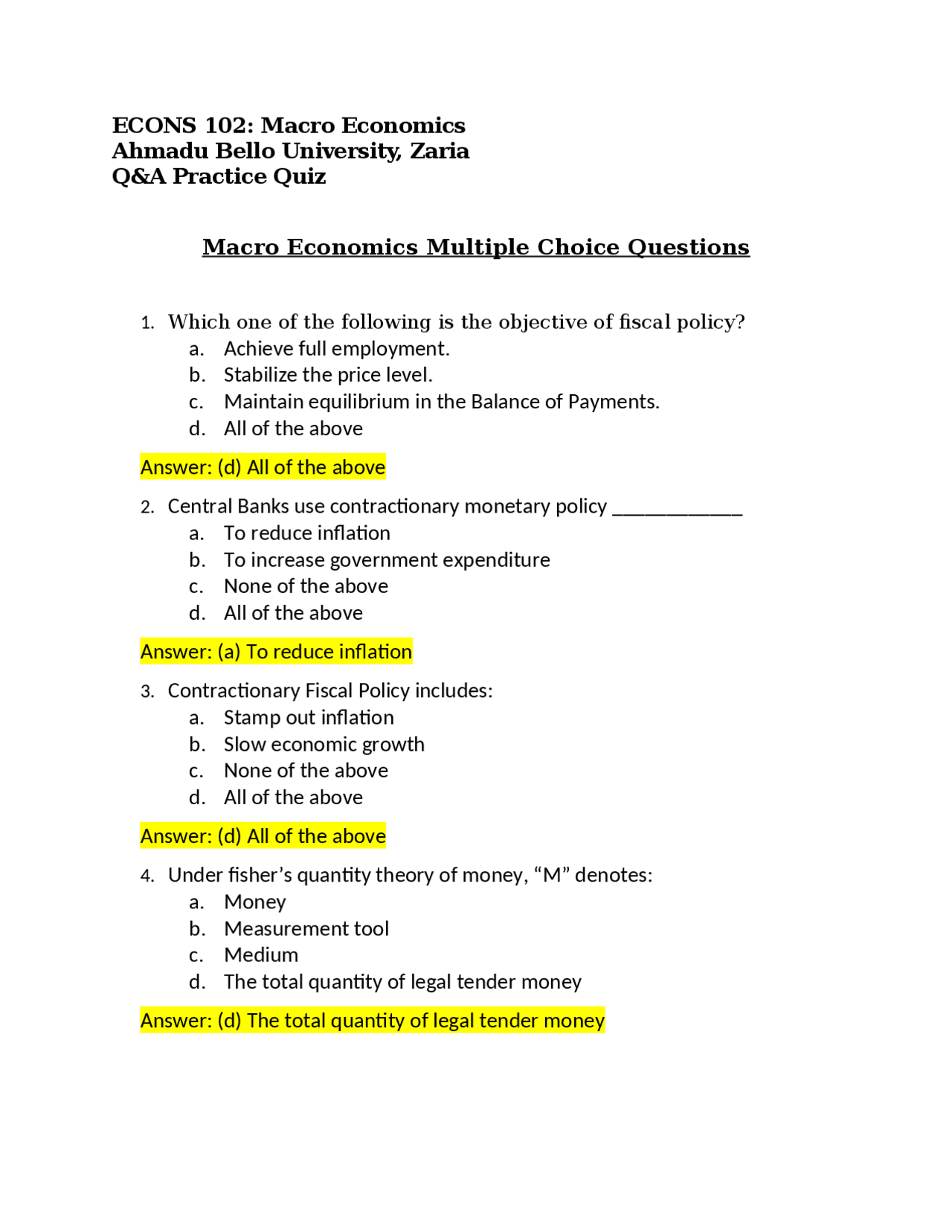 Macro Economics Practice Quiz Quizzes Macroeconomics Docsity