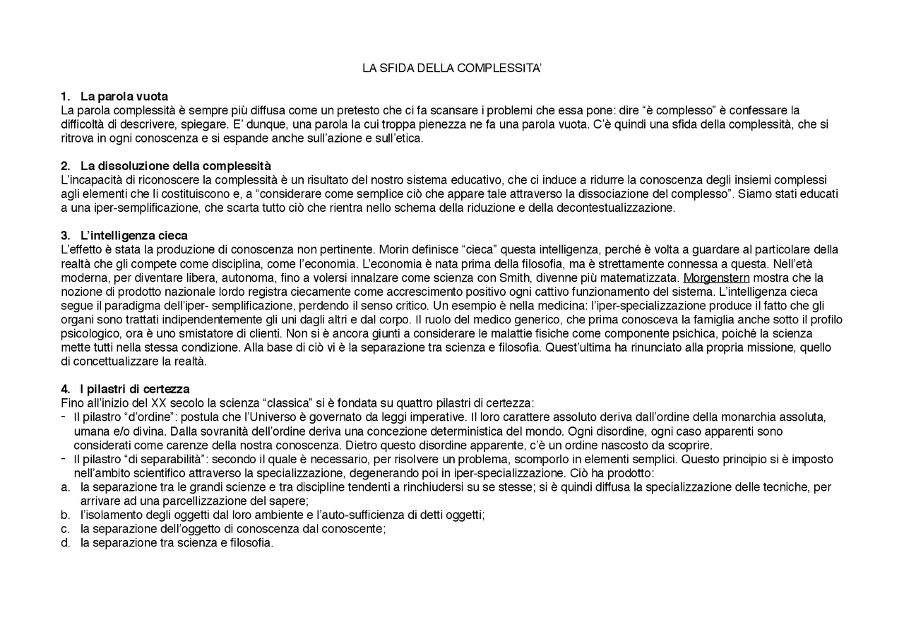 Sfida Della Complessità Sintesi Del Corso Di Storia Della Filosofia