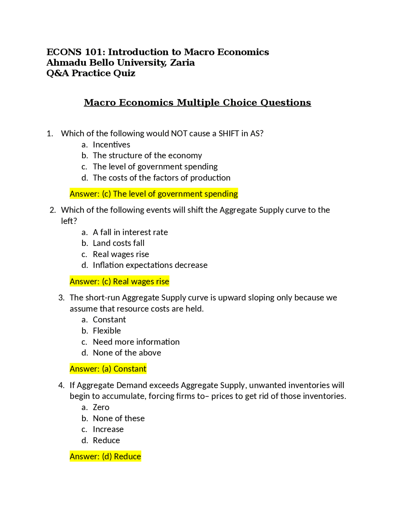 Macro Economics Qanda Practice Quiz Quizzes Economics Docsity