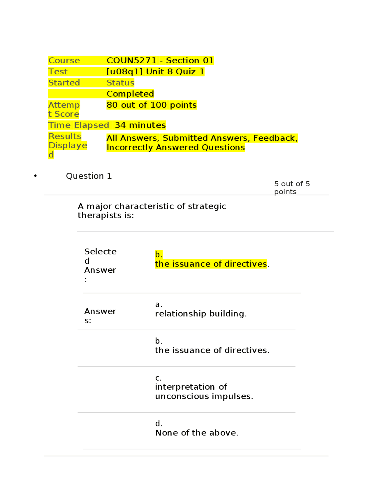 Capella University Coun 5271 Unit 8 Quiz Questions And Answers