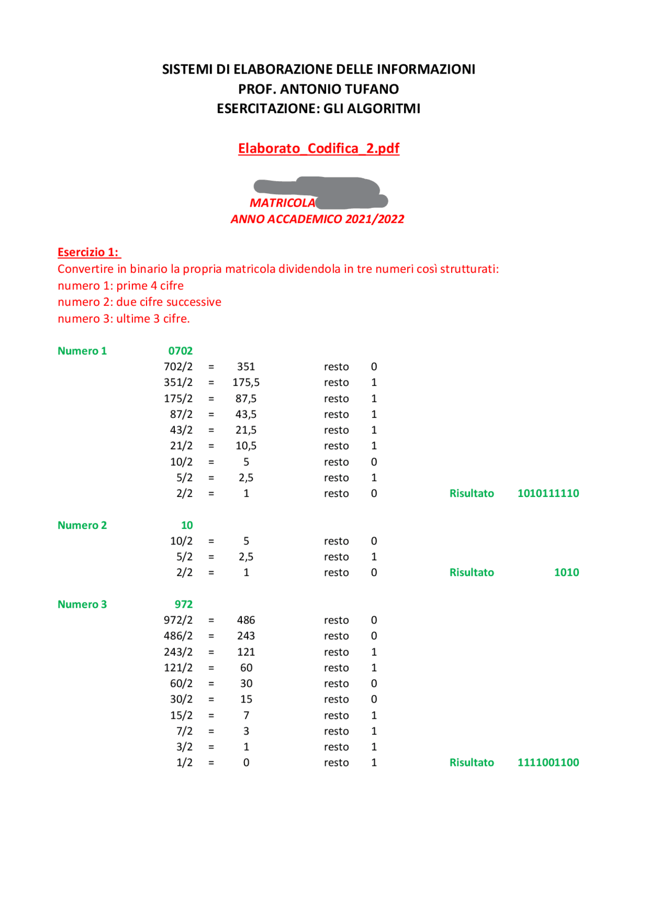 Sistemi Elaborazioni Informazioni Area 2 Elaborato Codifica Esercizi