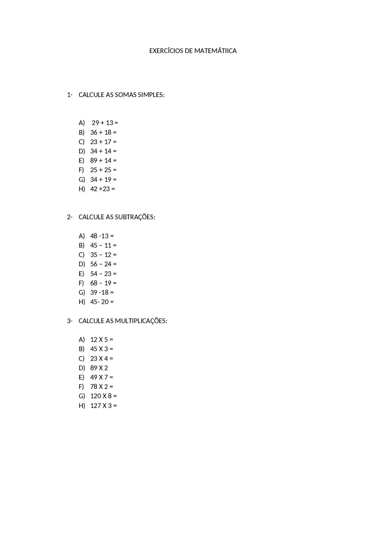 Exercícios simples de matemática | Exercícios Matemática - Docsity