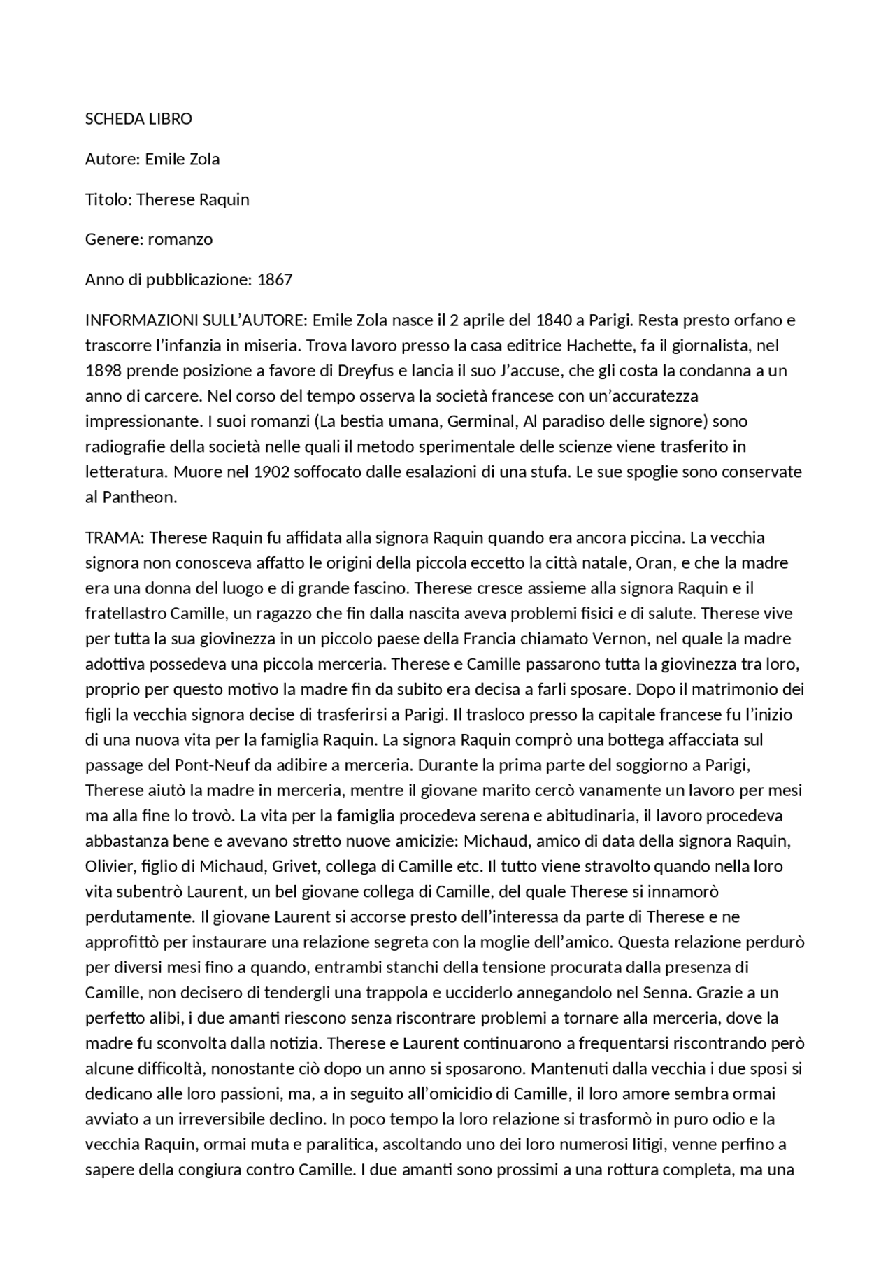 SCHEDA LIBRO Therese Raquin | Appunti di Italiano | Docsity