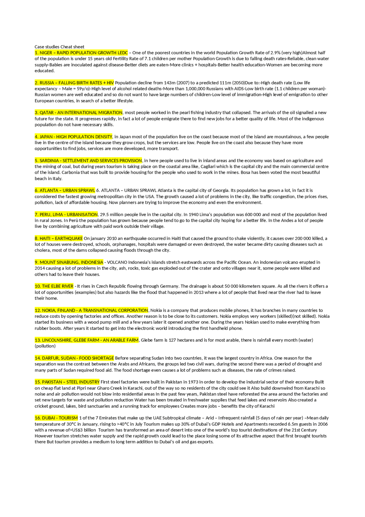 Case studies Geography | Sintesi del corso di Geografia | Docsity
