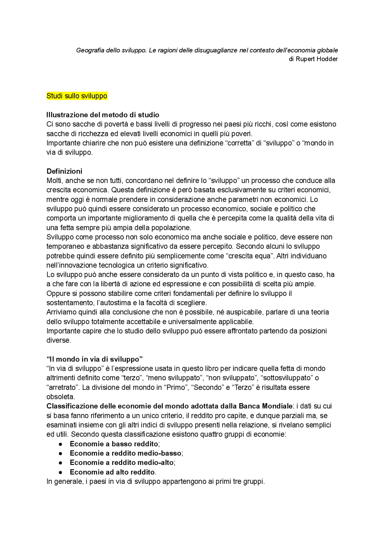 "Studi sullo sviluppo" di Rupert Hodder | Appunti di Geografia - Docsity