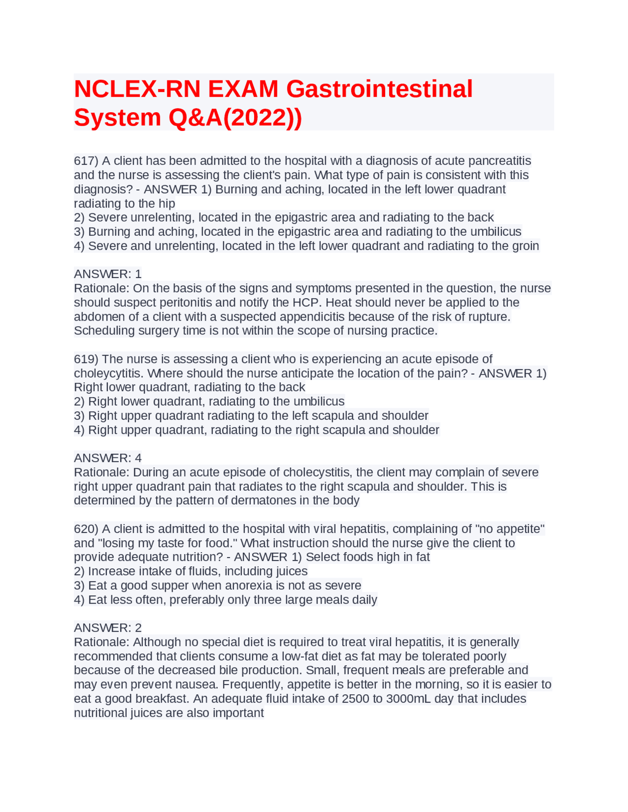 NCLEX-RN EXAM Gastrointestinal System Q&A(2022)) | Exams Nursing | Docsity