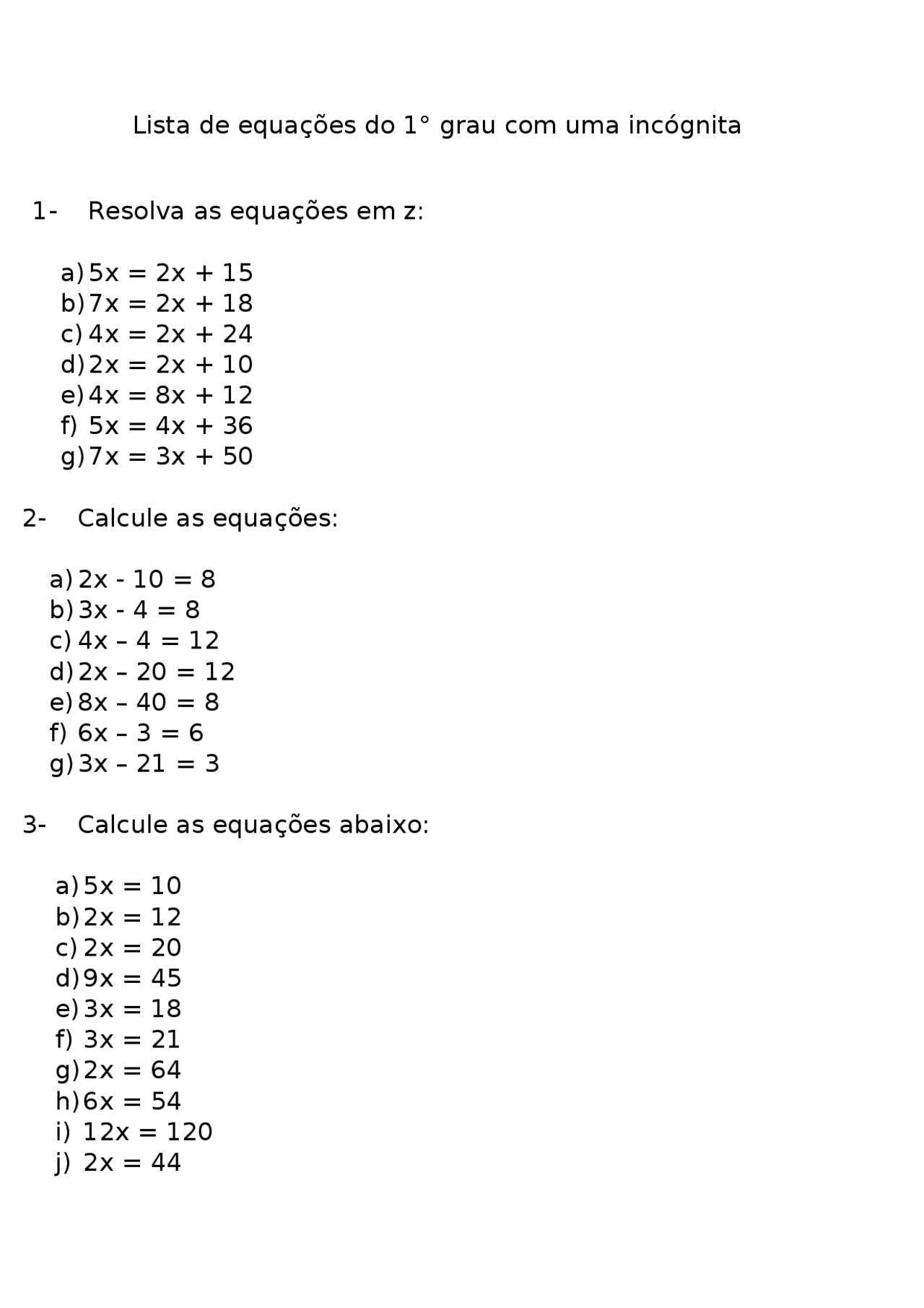 Lista de equações do 1° grau com uma incógnita | Exercícios Matemática ...