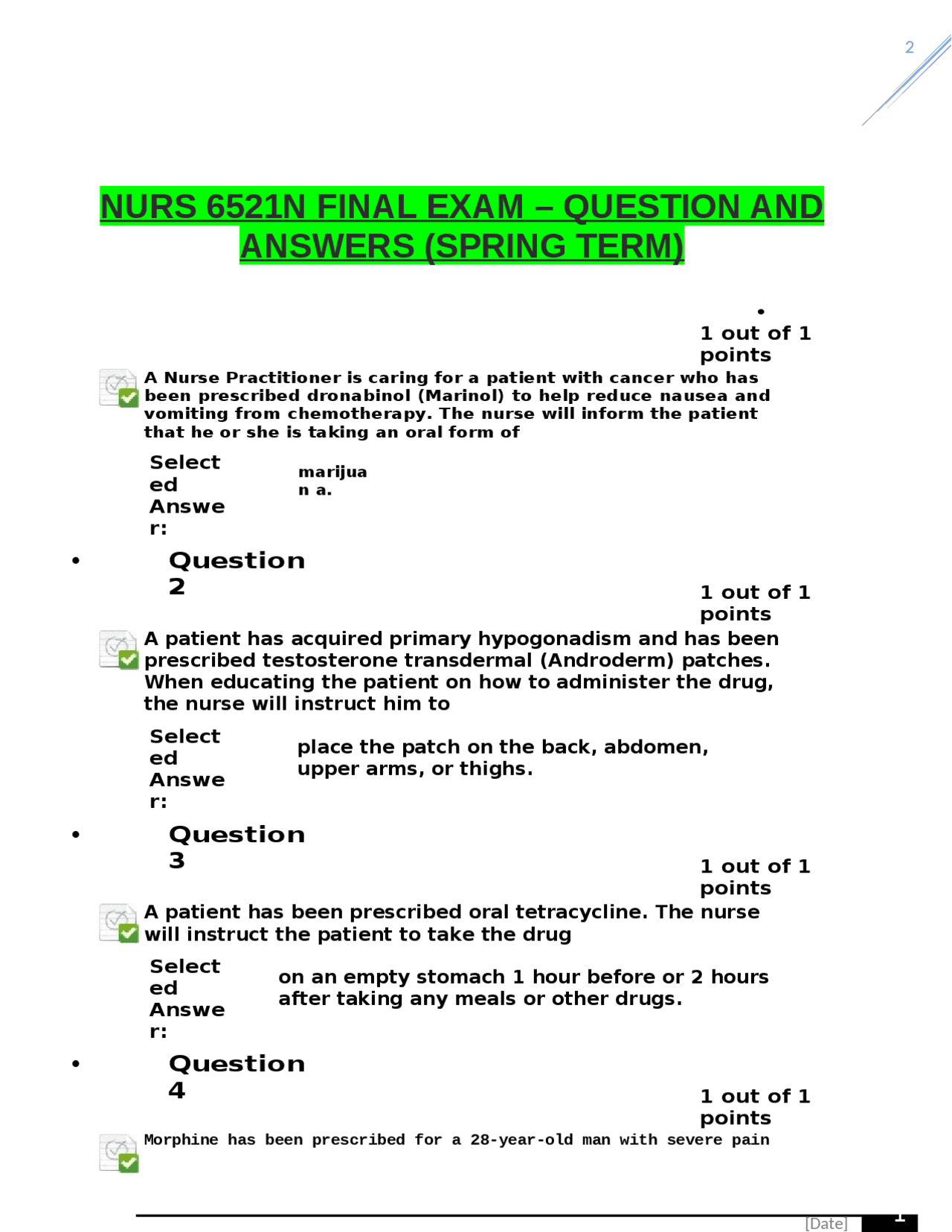 Nursing Final Exam Questions and Answers | Exams Nursing | Docsity