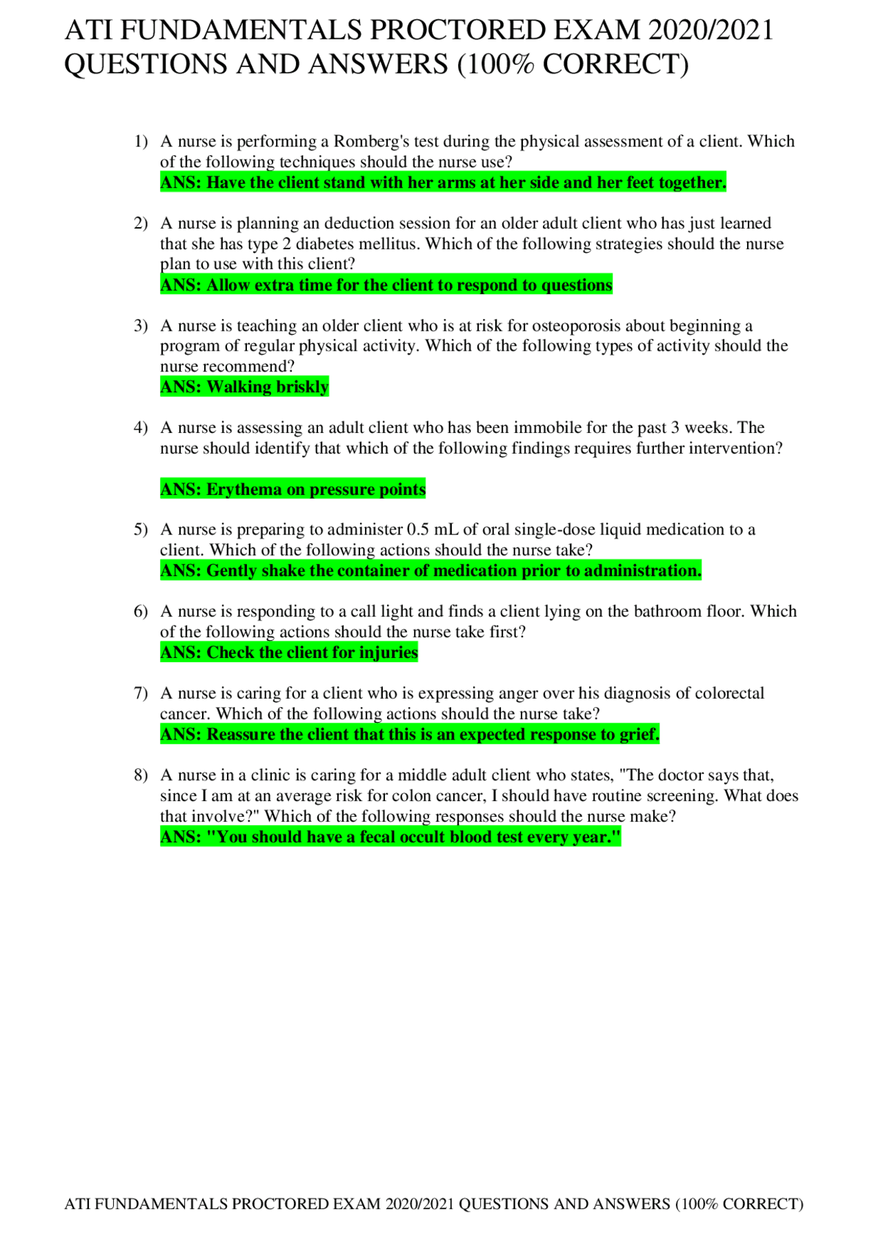 ATI FUNDAMENTALS PROCTORED EXAM 2020/2021 QUESTIONS AND ANSWERS (100% ...