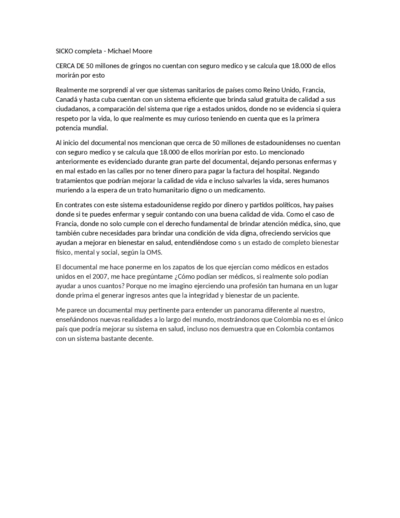 Sicko reseña de pelicula documental | Monografías, Ensayos de Salud Pública | Docsity