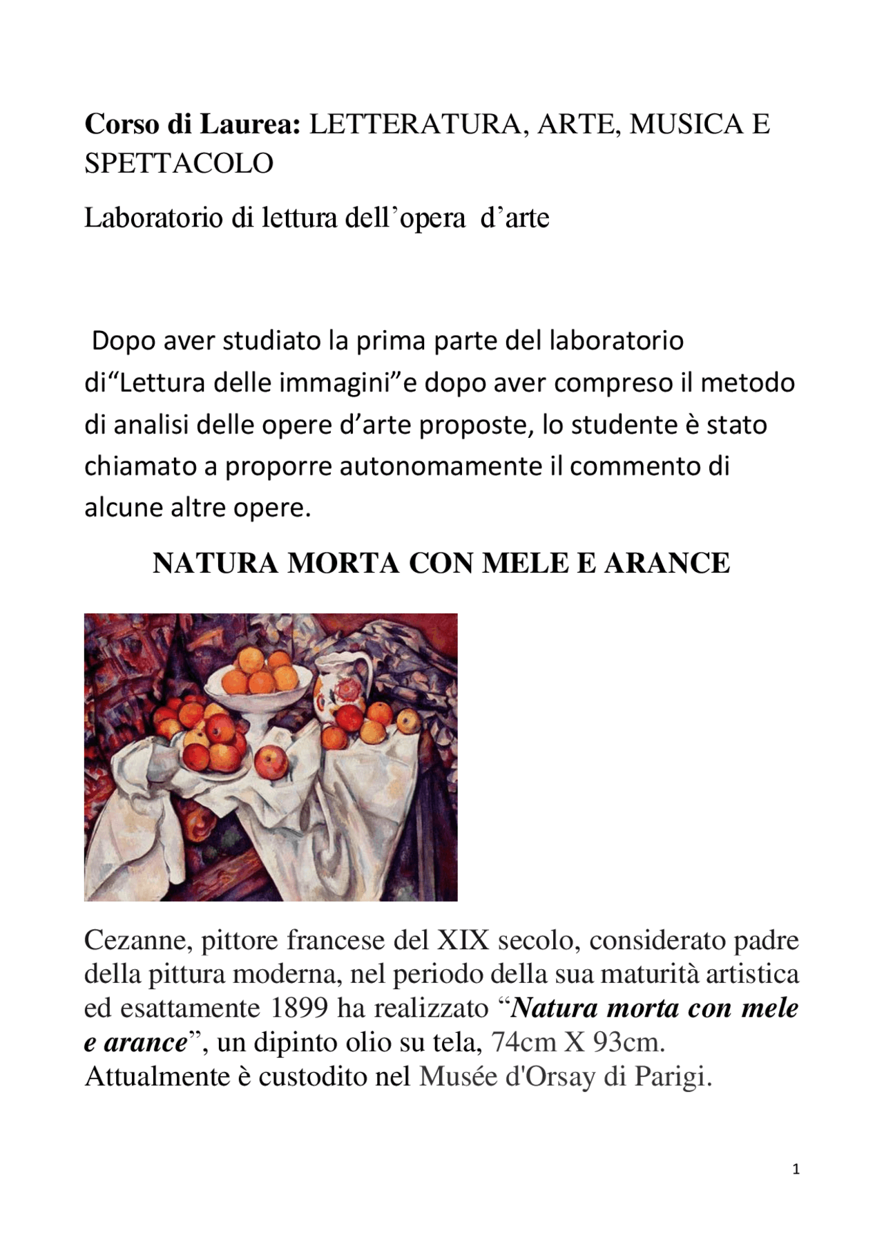 LABORATORIO LETTURA OPERA D'ARTE | Panieri di Arte - Docsity