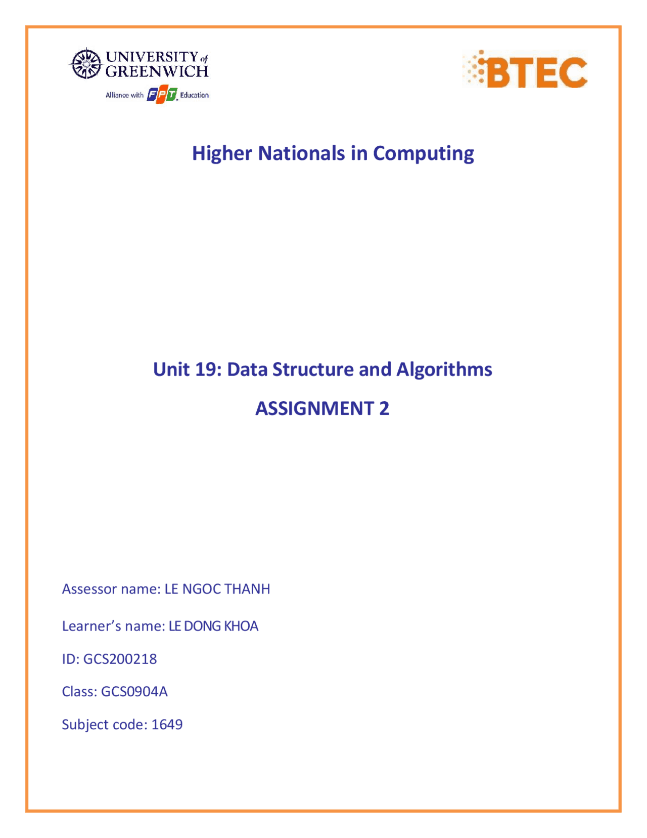 Asm 2 Data Structure Btec Assignments Programming Languages Docsity