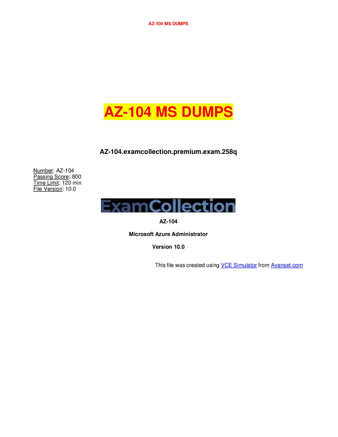 AZ-104 MS DUMPS (EXAM COLLECTION ) GRADED A | Exams Computer Science ...