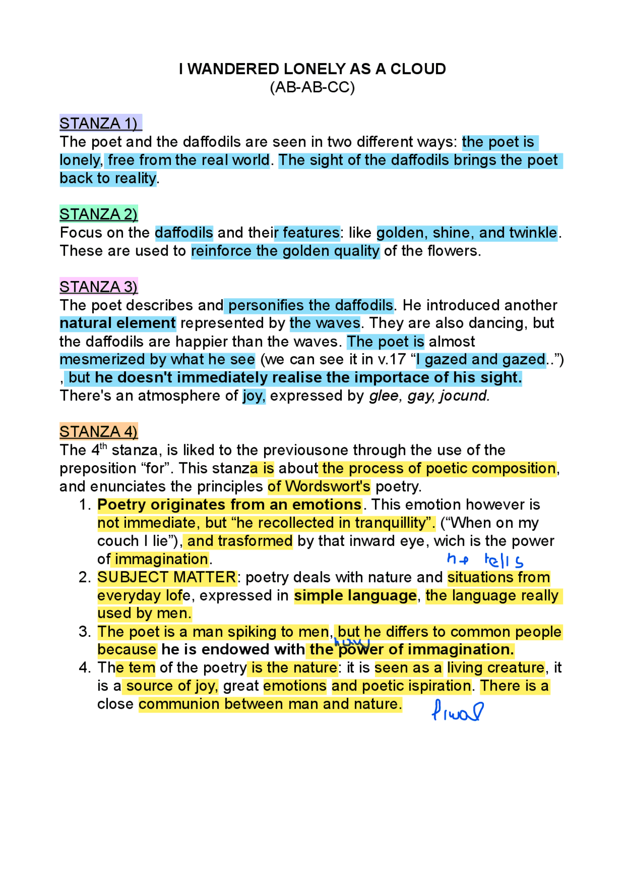Analisi "I wandered as a cloud" | Schemi e mappe concettuali di Inglese ...