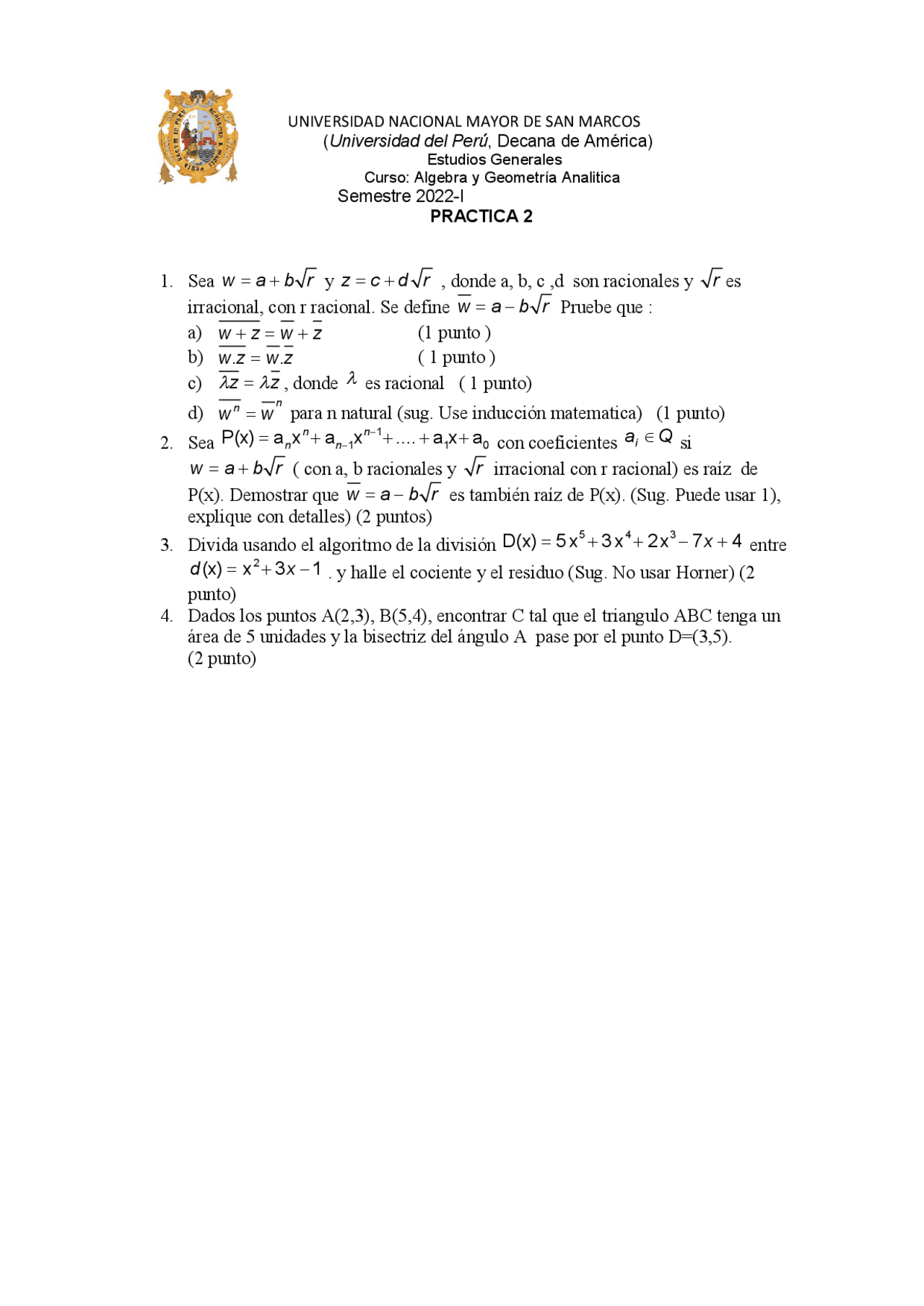 Primera practica califica de Algebra y Geometría Analítica | Exámenes de Álgebra - Docsity