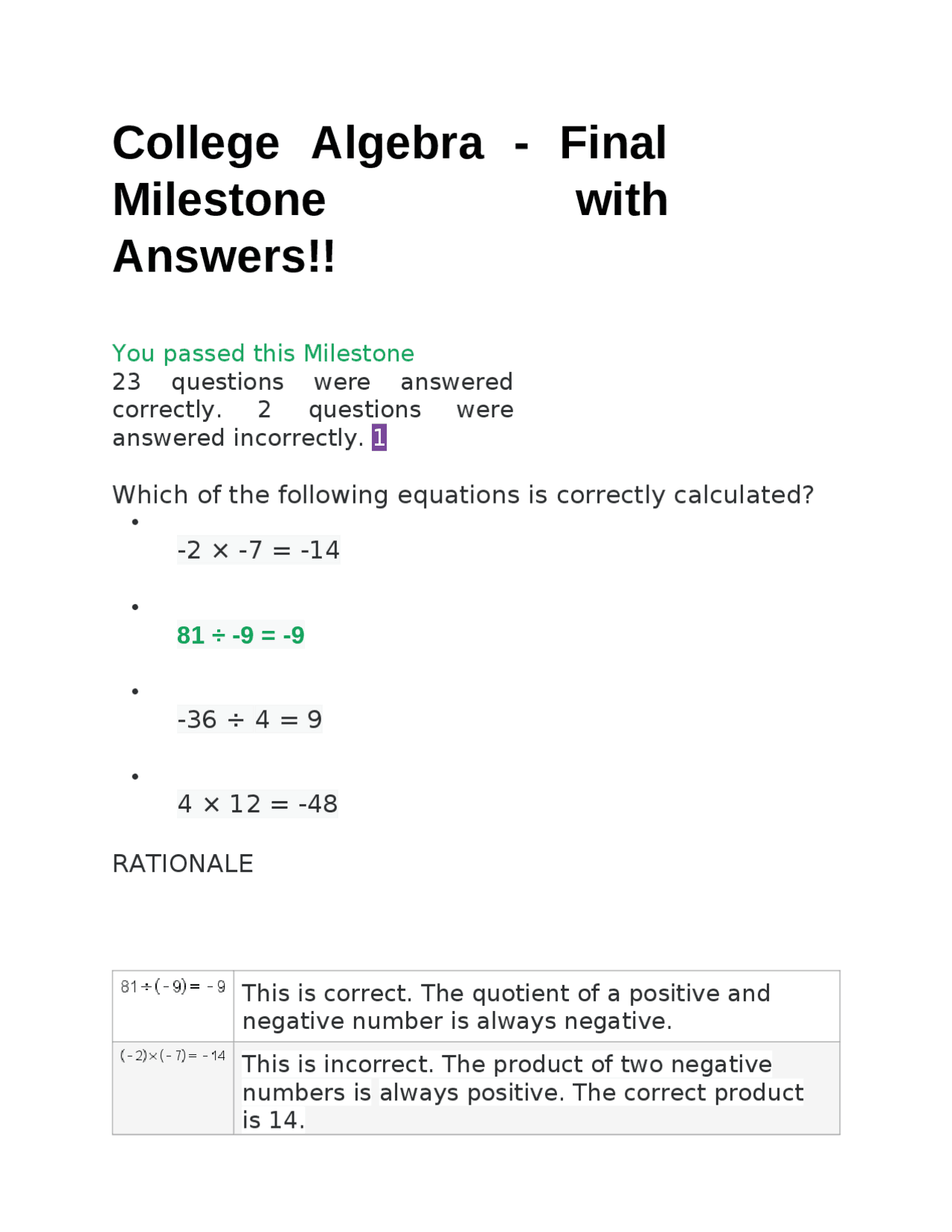 College Algebra - Final Milestone with Answers GRADED A+ | Exams ...
