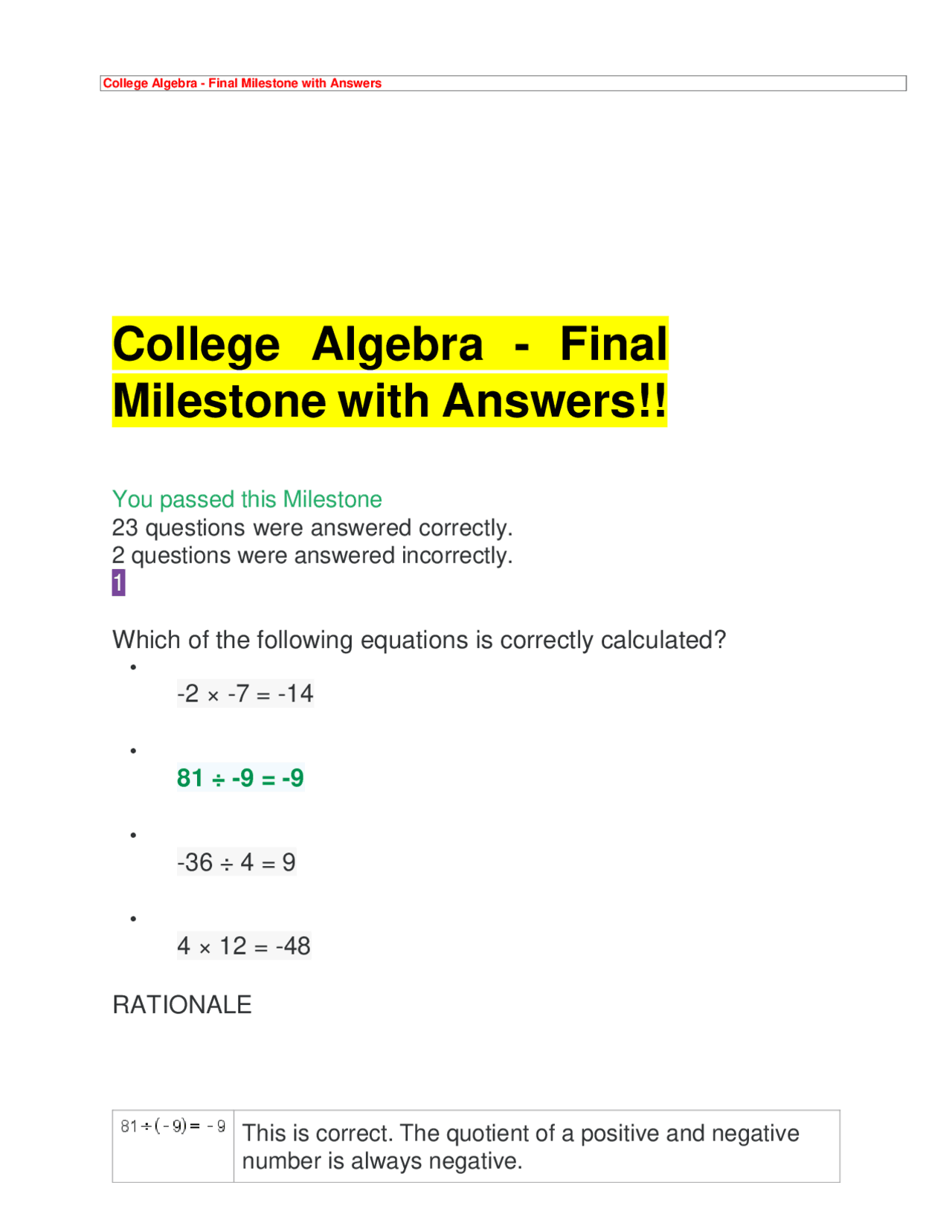 College Algebra - Final Milestone with Answers GRADED A+ | Exams ...