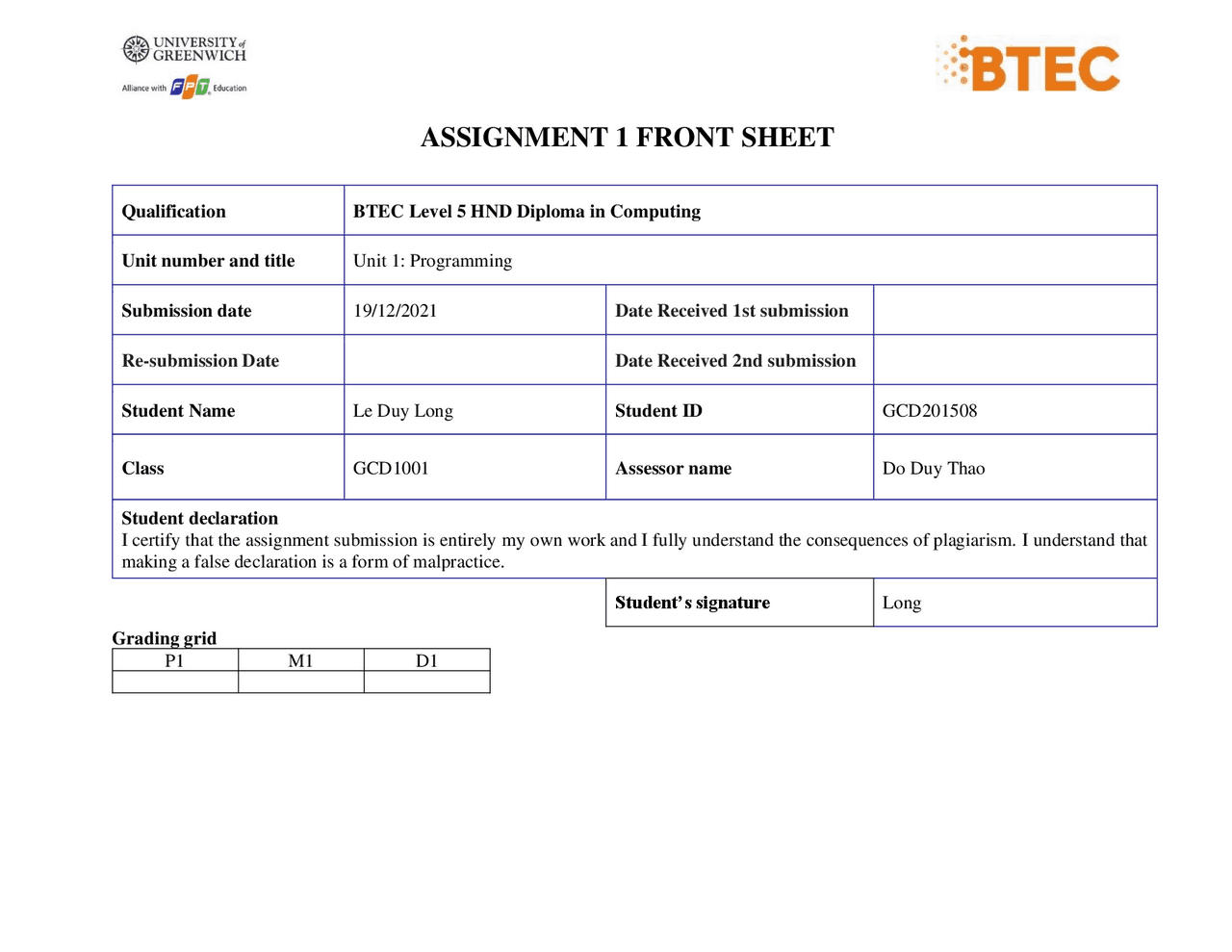 Programmingasm1greenwich2022 Assignments Computer Science Docsity
