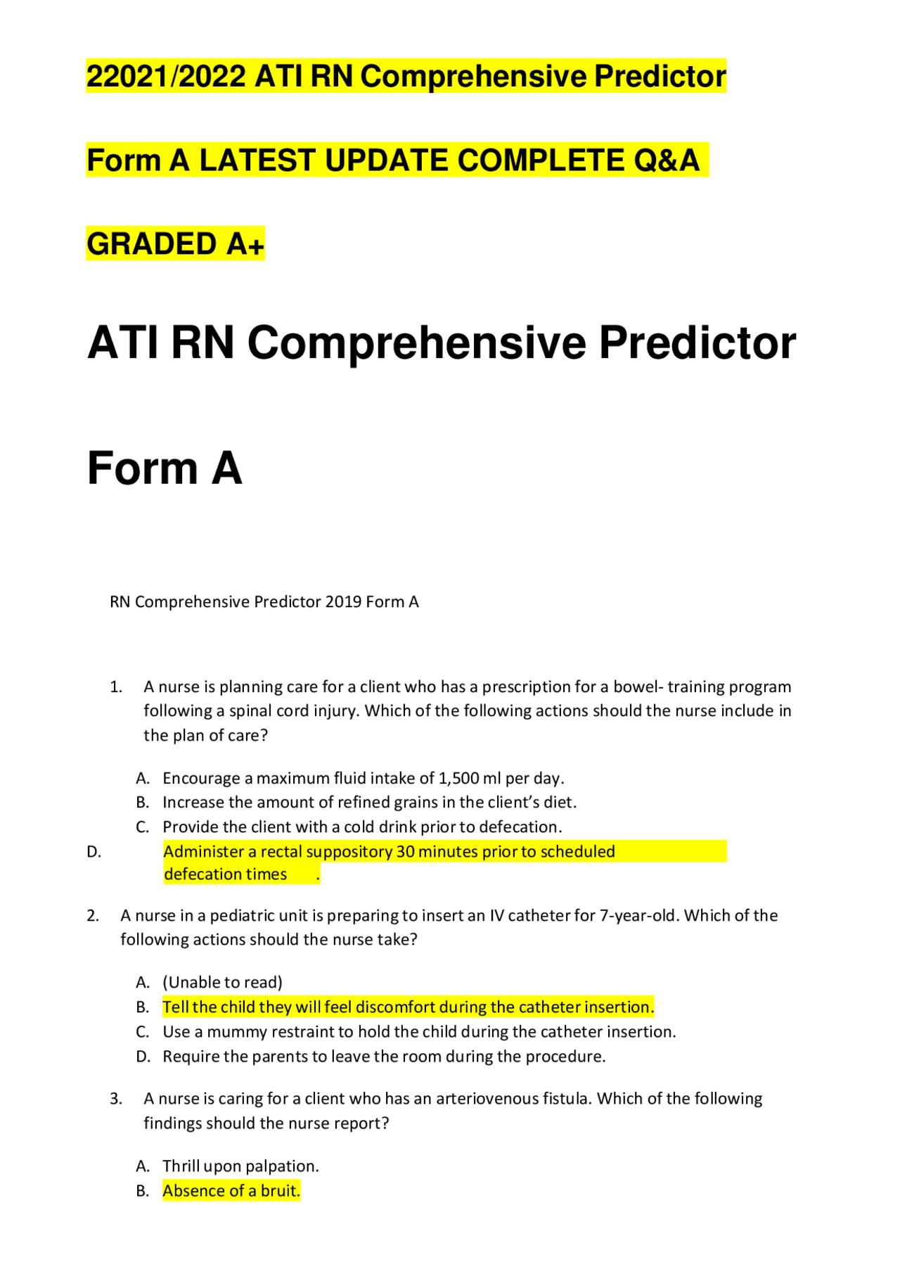 22021/2022 ATI RN Comprehensive Predictor Form A LATEST UPDATE COMPLETE ...