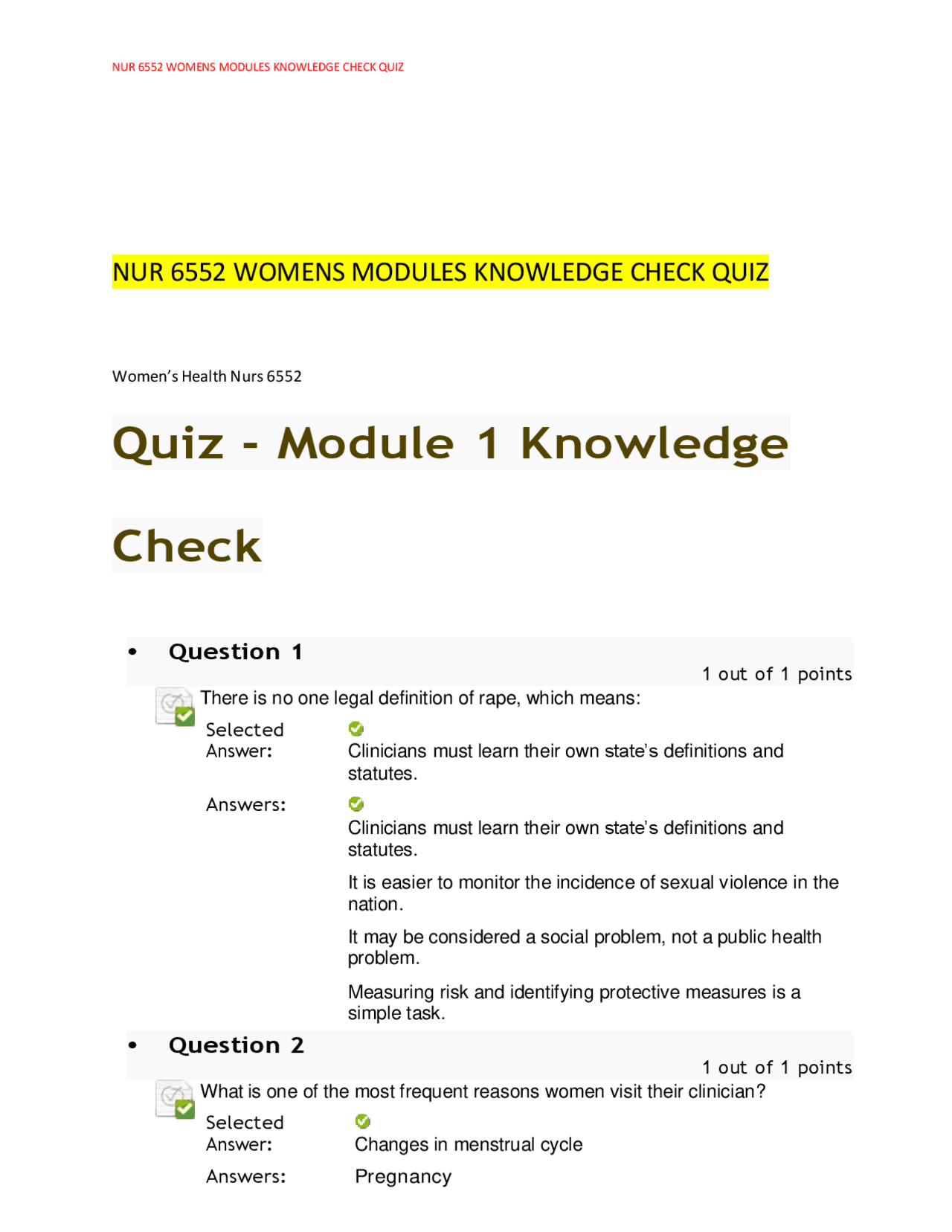 NUR 6552 WOMENS MODULES KNOWLEDGE CHECK QUIZ AND CORRECT ANSWERS GRADED ...
