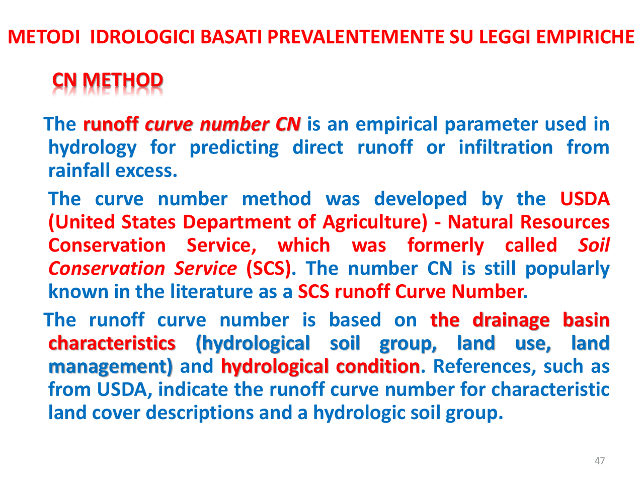 Stima del Curve Number | Slide di Costruzioni Idrauliche - Docsity