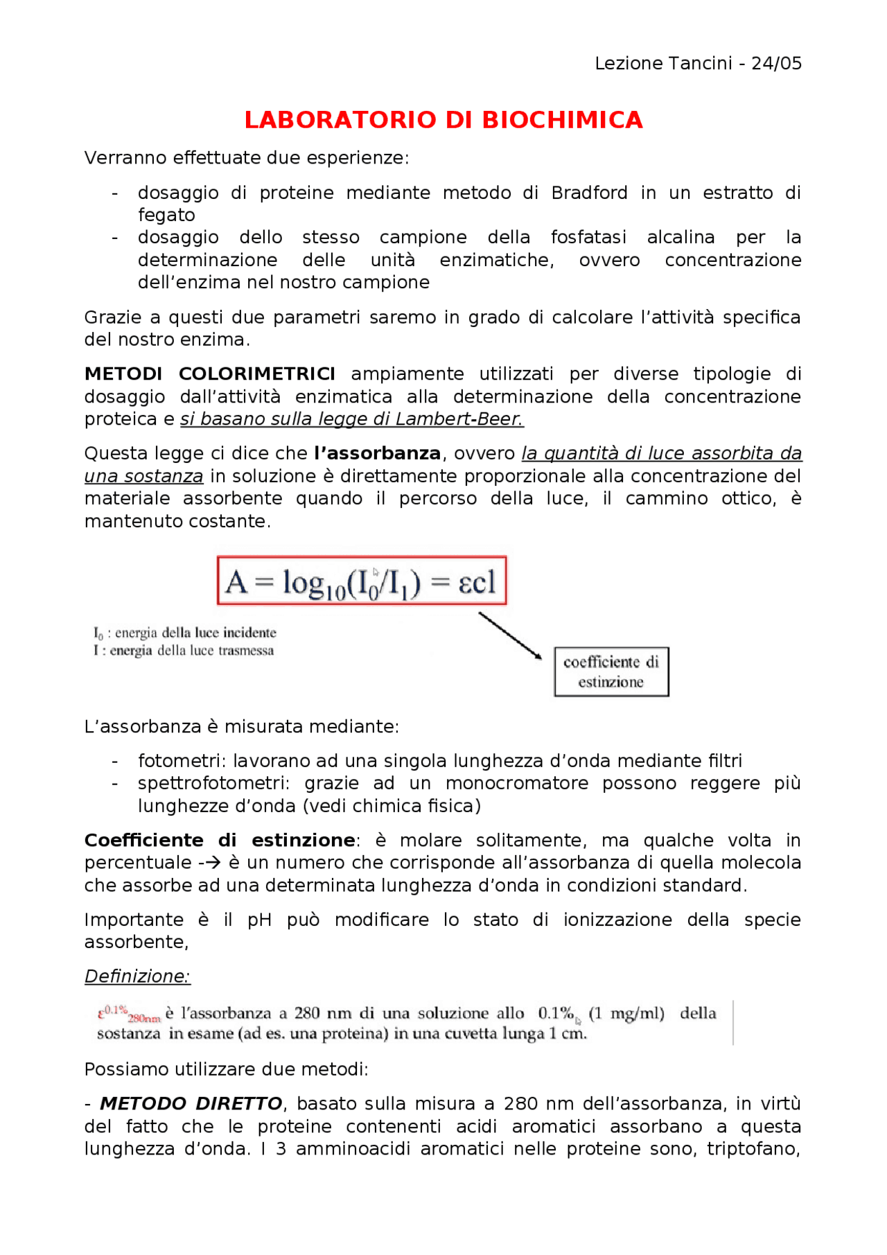 Esercitazione Di Laboratorio Di Biotecnologie Appunti Di Biochimica