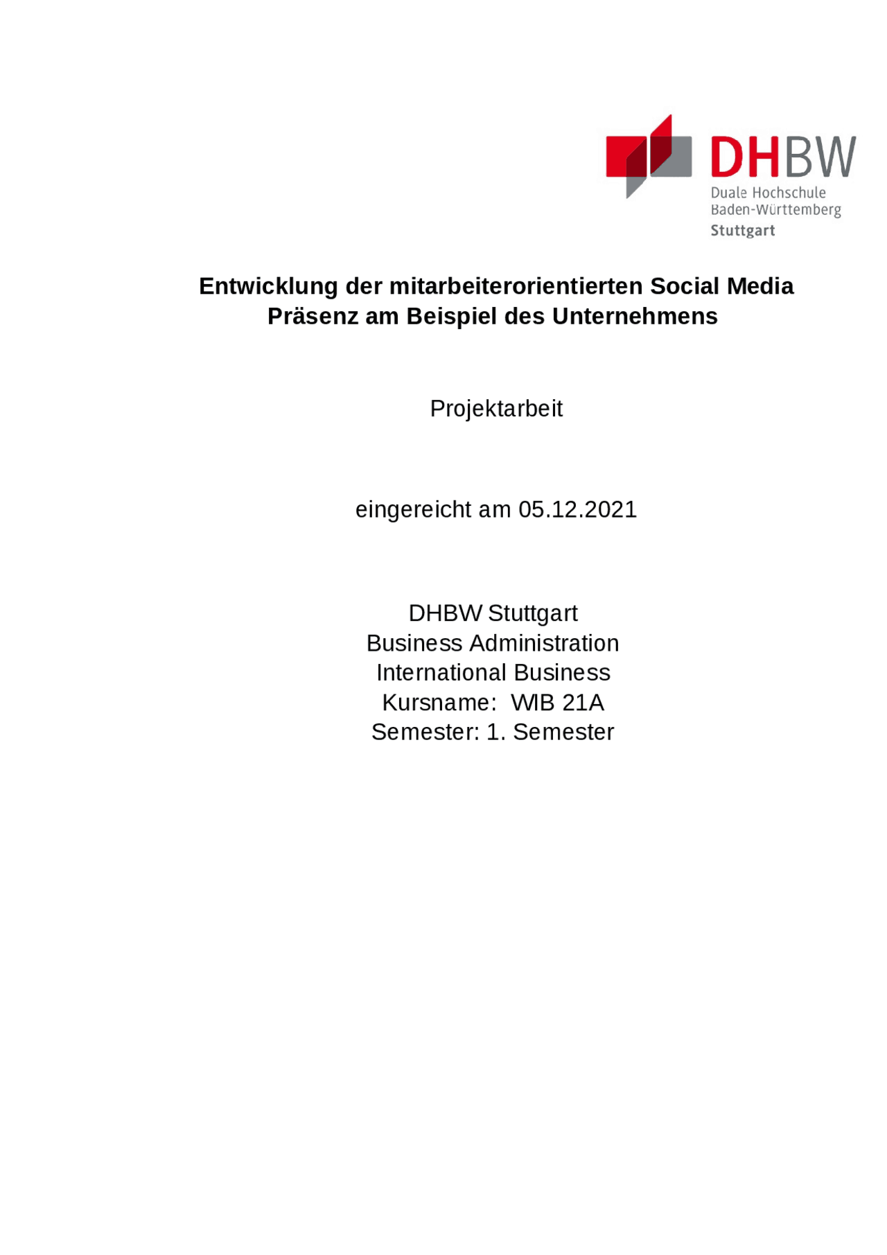 Projektarbeit I DHBW BWL International Business | Hausarbeiten ...