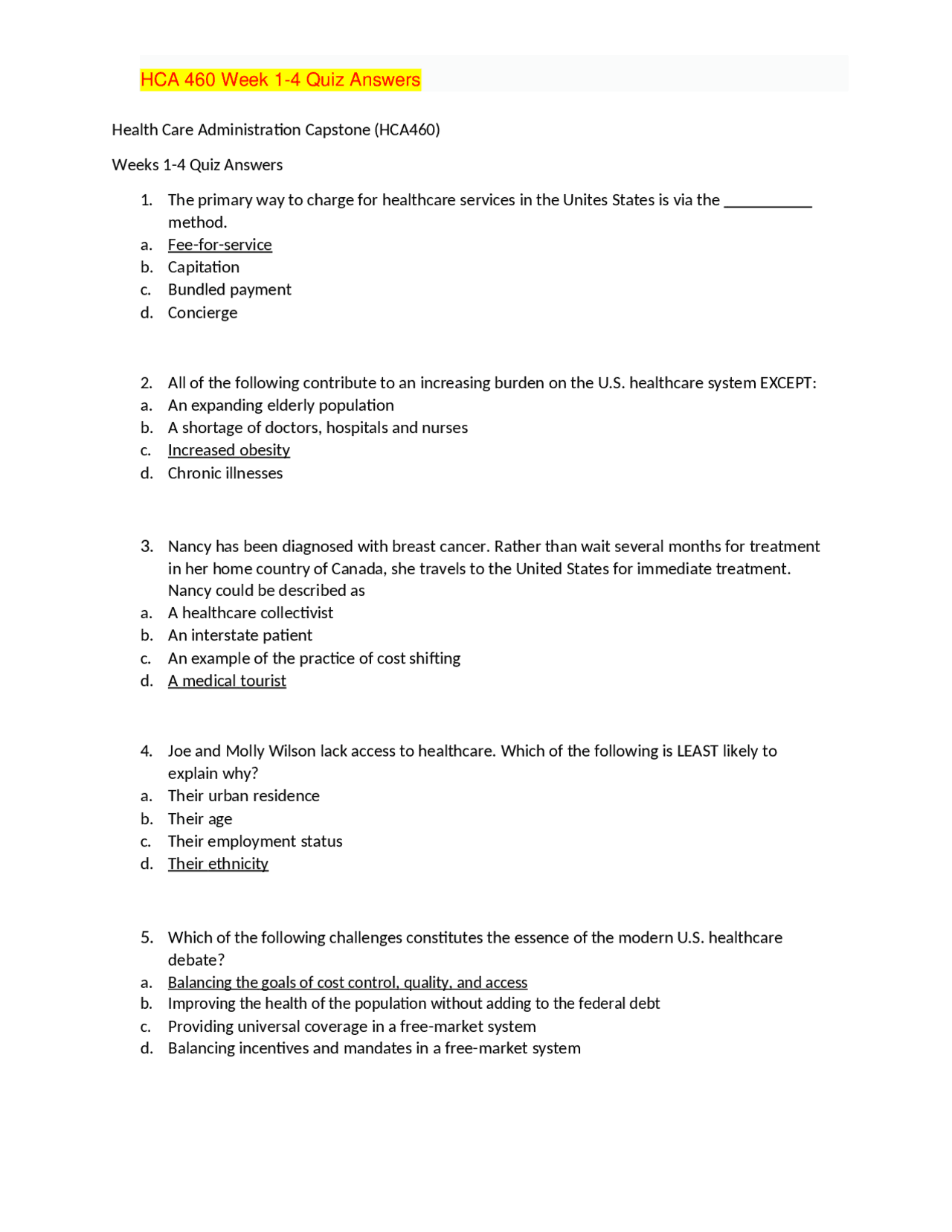HCA 460 Week 1-4 Quiz Answers Download to score A | Exams Nursing | Docsity