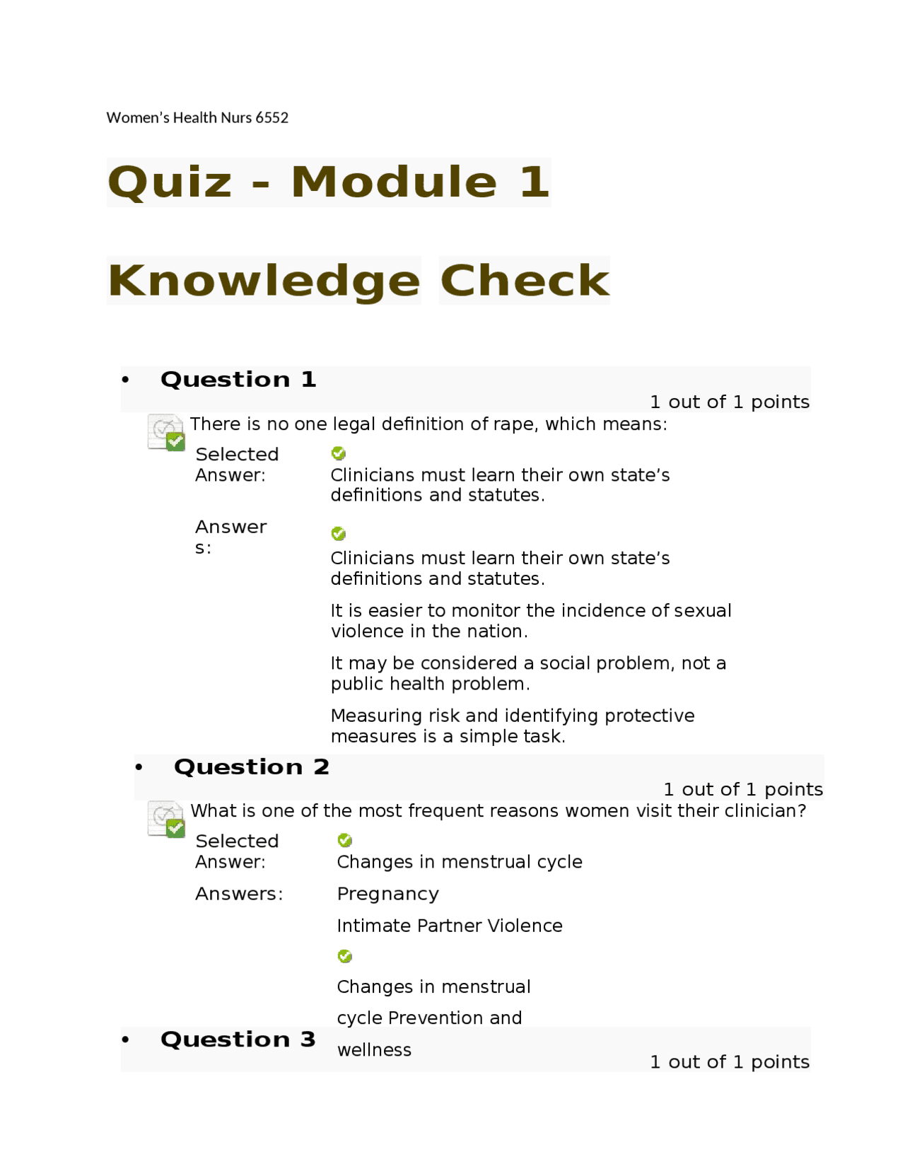 NUR 6552 WOMENS MODULES KNOWLEDGE CHECK QUIZ AND CORRECT ANSWERS GRADED ...