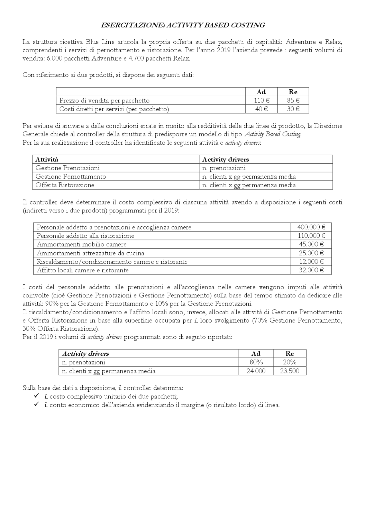 Esercitazione Activity based costing | Esercizi di Programmazione e controllo | Docsity