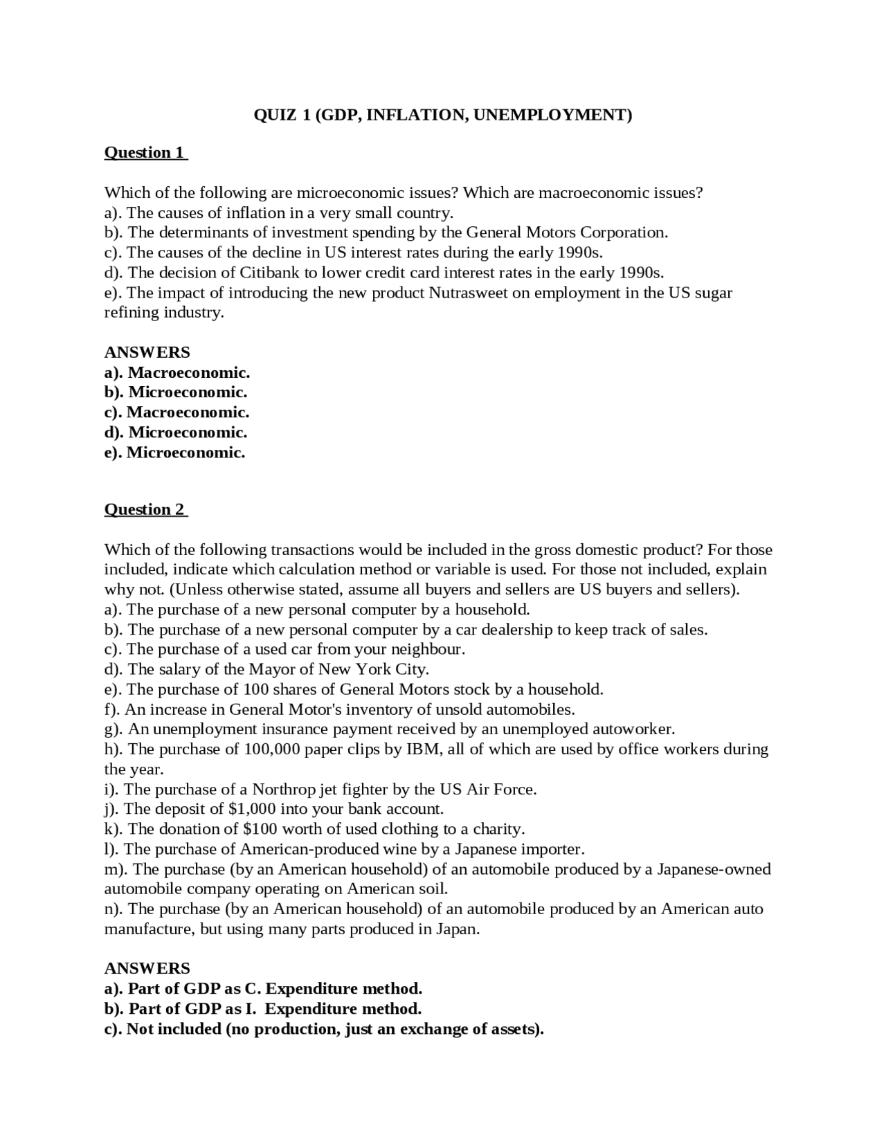 Quiz 1 Gdp Inflation Unemployment Quizzes Macroeconomics Docsity