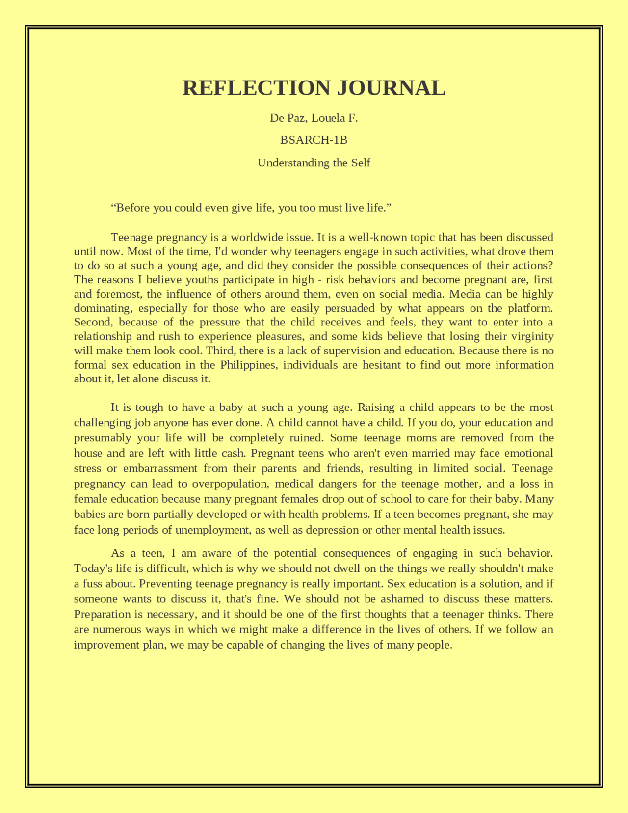 Reflection Journal about Teenage Pregnancy | Assignments English ...