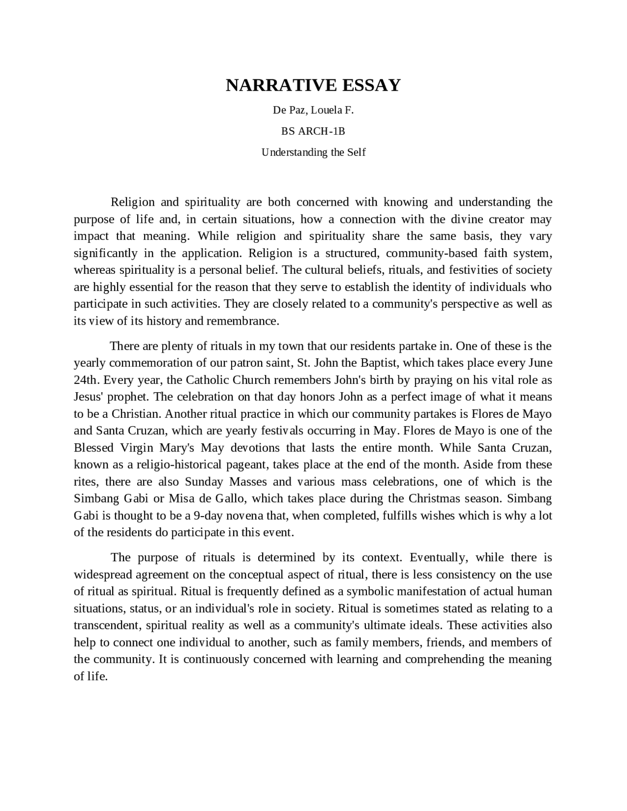 Narrative Essay In Understanding The Self Assignments English