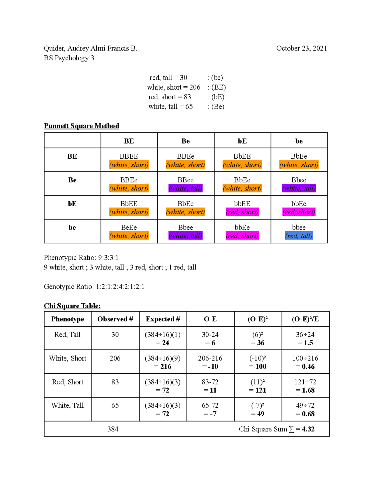 Punnet Square Method 2021 Assignments Anatomy Docsity