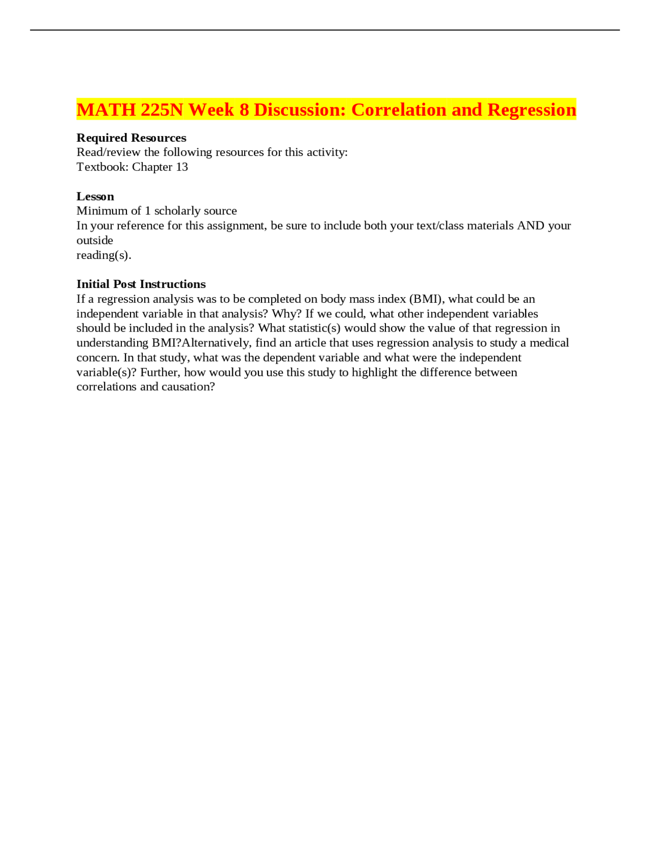 MATH 225N Week 8 Discussion: Correlation and Regression | Study notes ...