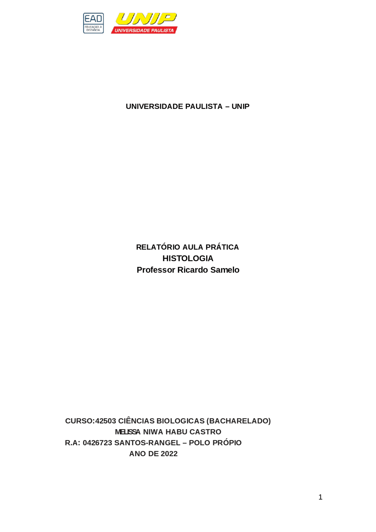 Relatorio De Histoligia Trabalhos Histologia Docsity