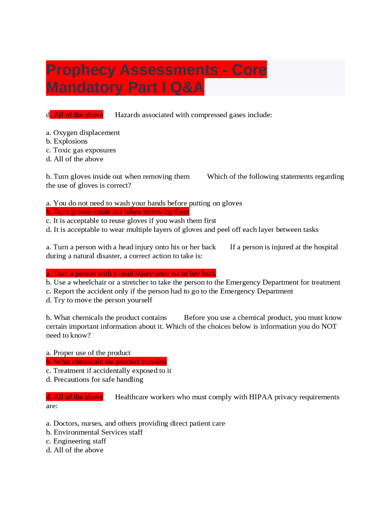 Prophecy Assessments - Core Mandatory Part I Q&A | Exams Nursing | Docsity