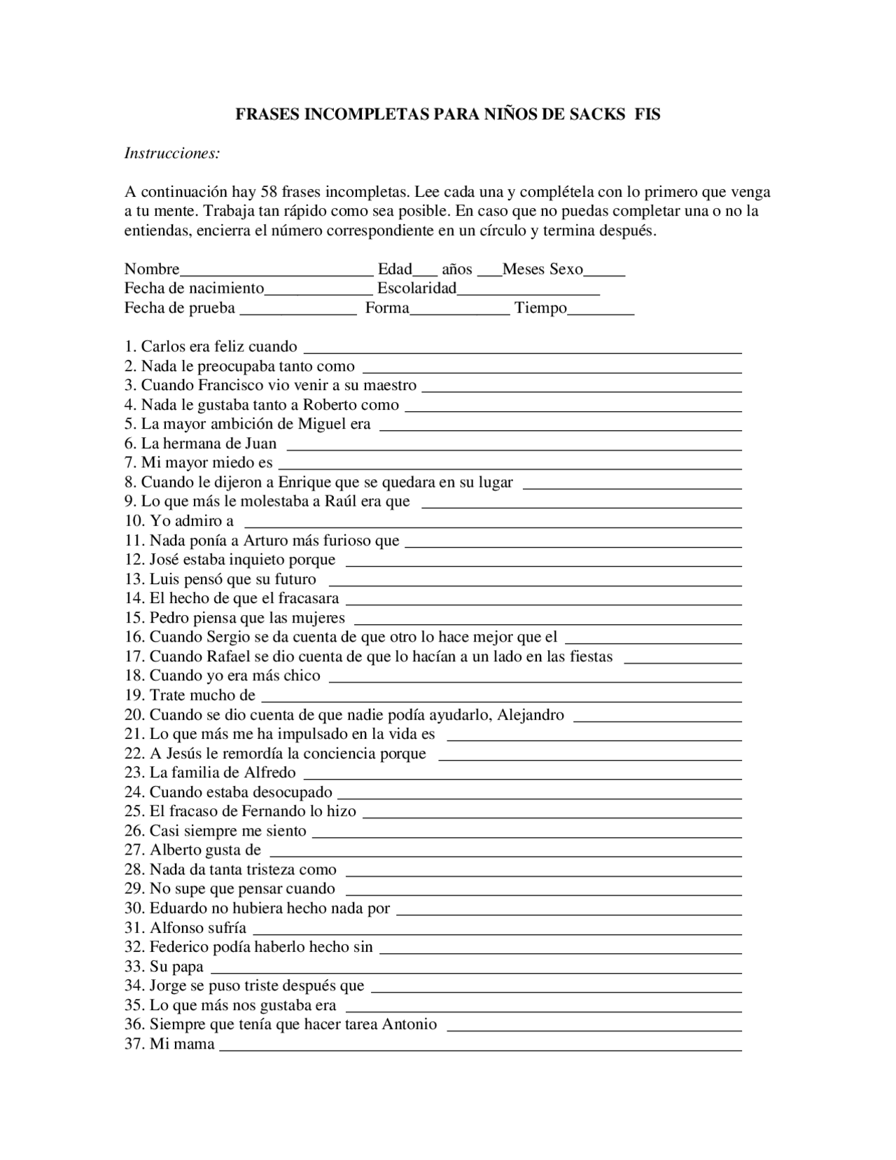 Frases incompletas para niños de Sacks | Apuntes de Lengua y Literatura ...