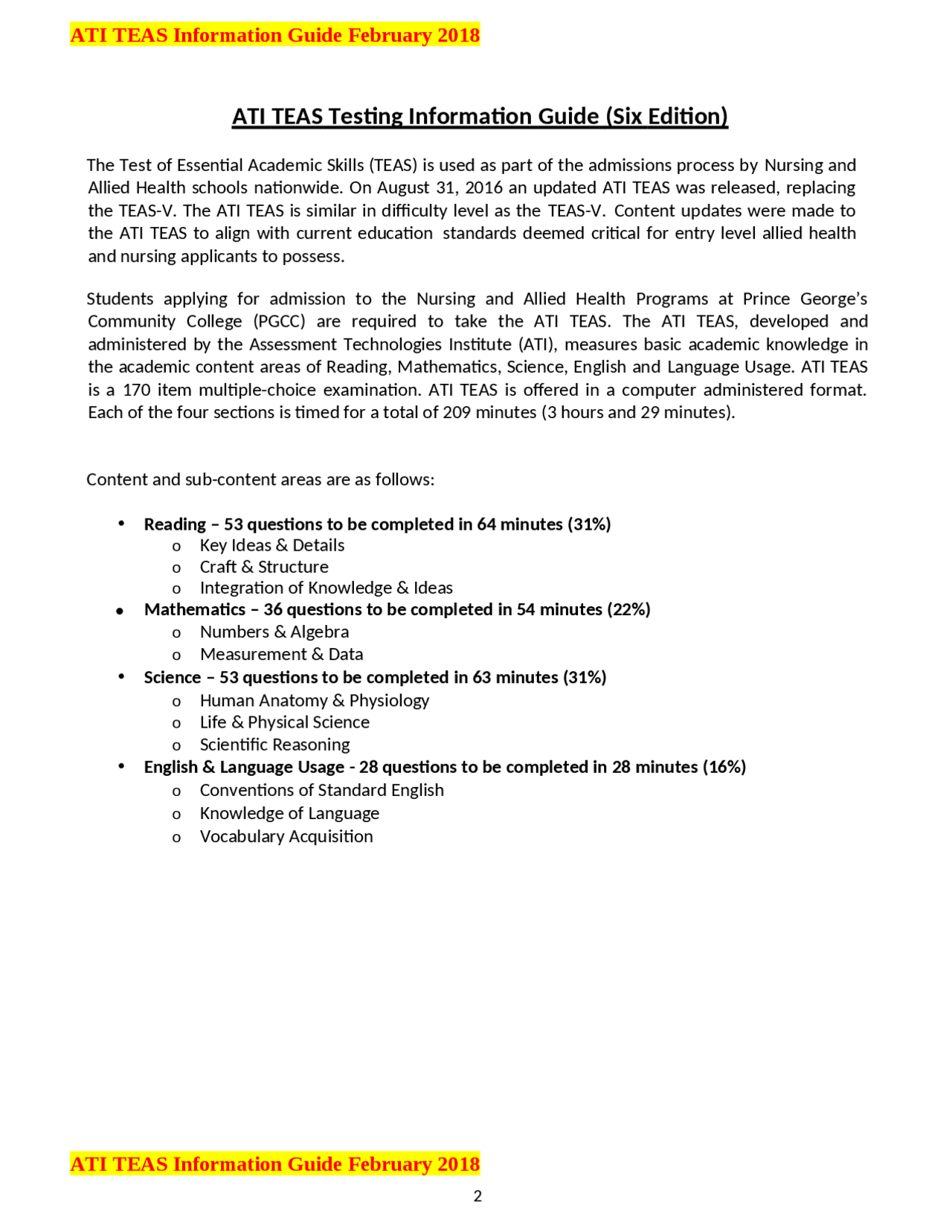 ATI TEAS Information Guide February 2018 | Study Guides, Projects ...