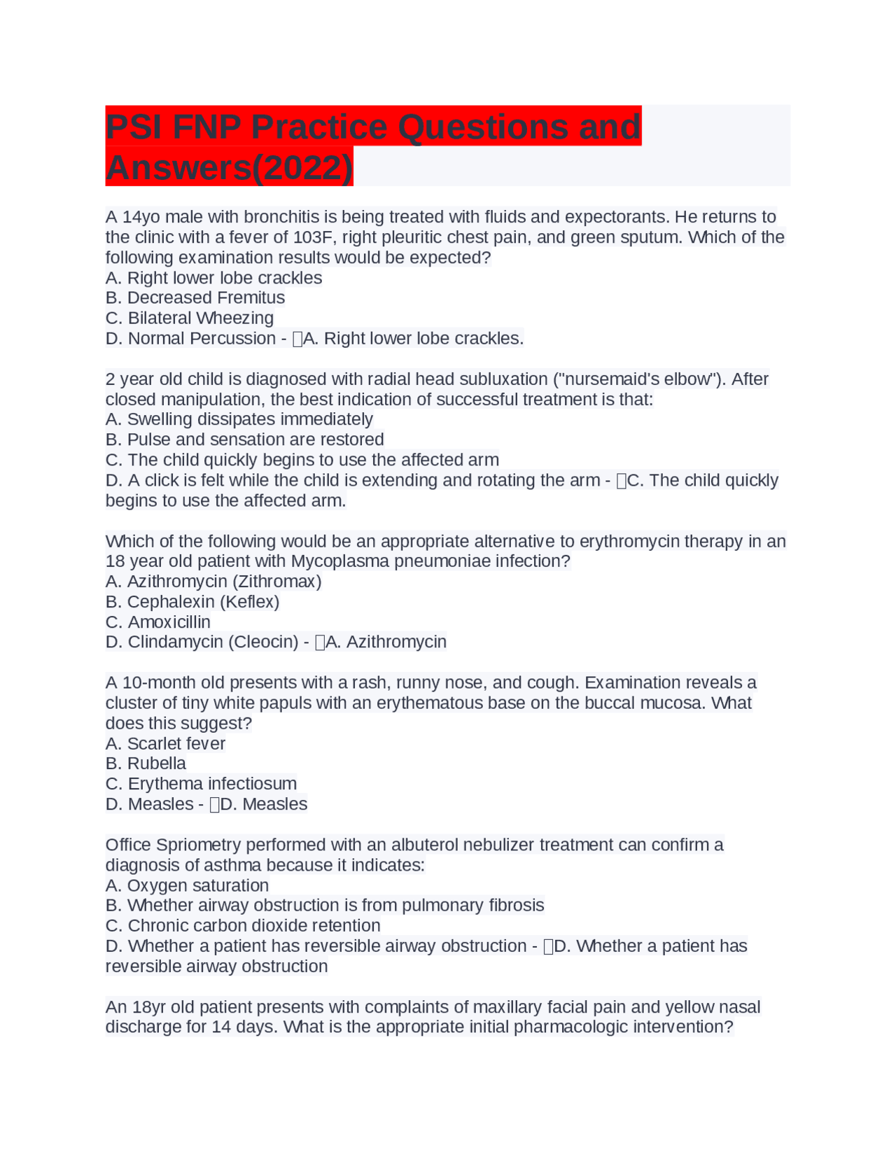 PSI FNP Practice Questions and Answers(2022) | Exams Nursing | Docsity