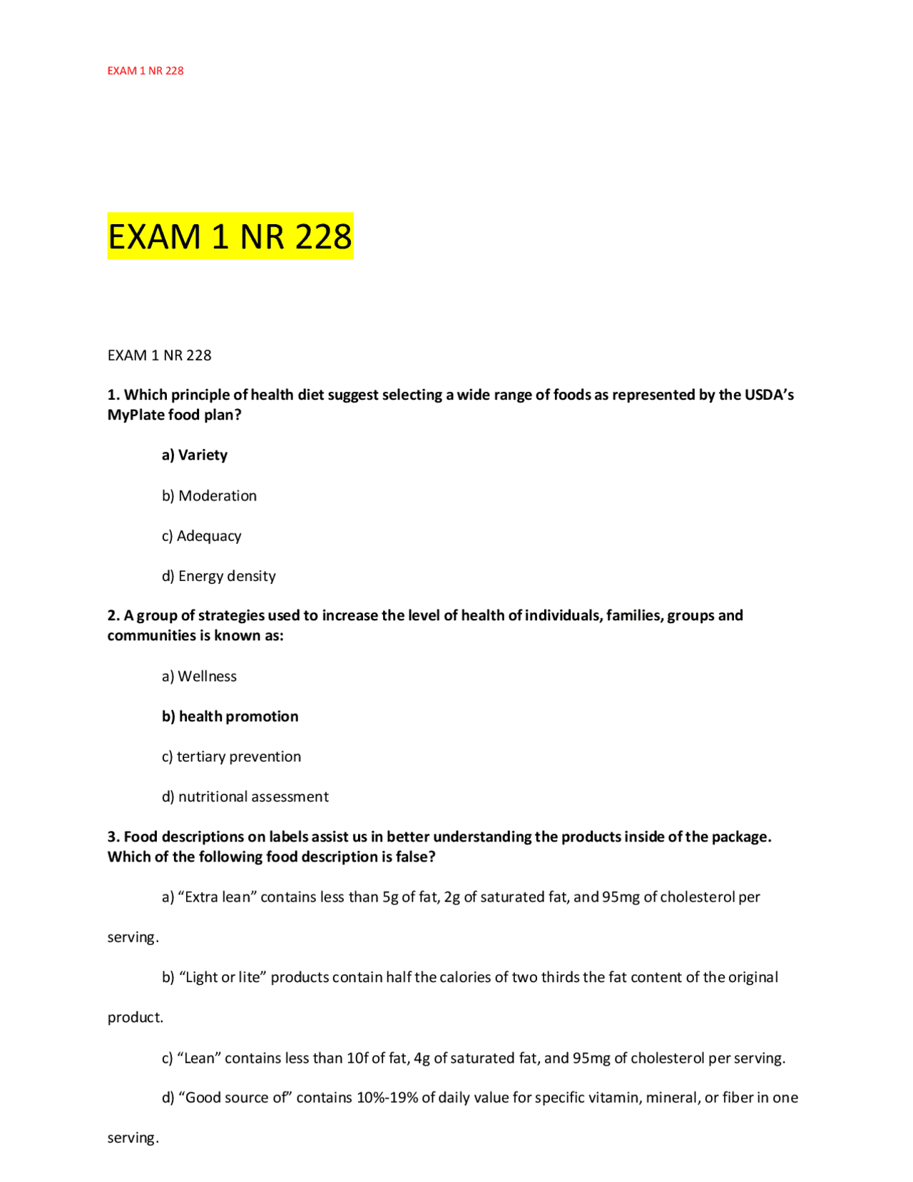 NR 228 WEEK 1 EXAM 1 WITH CORRECT ANSWERS GRADED A | Exams Nursing | Docsity