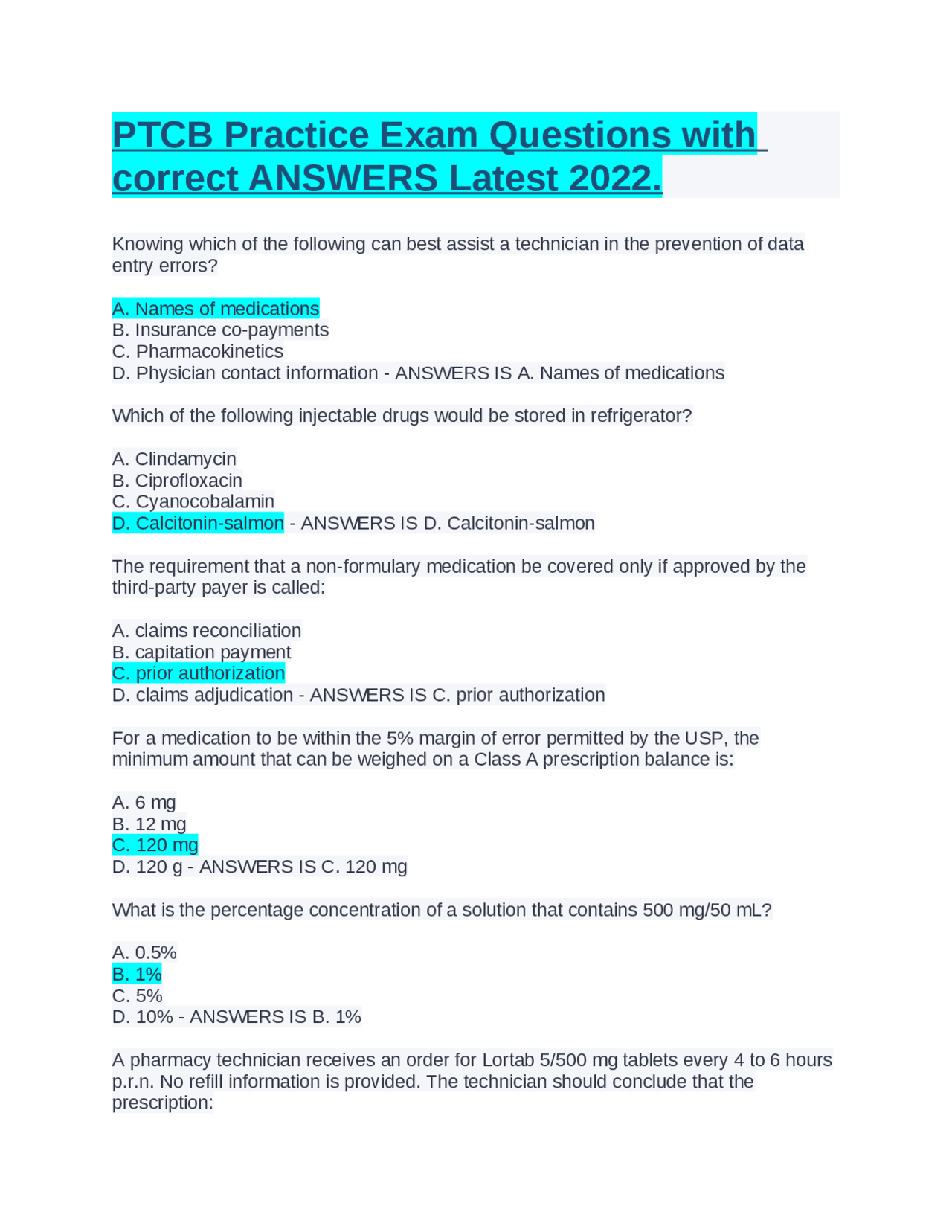 PTCB TEST With Question & Answers 2022 | Exams Nursing | Docsity