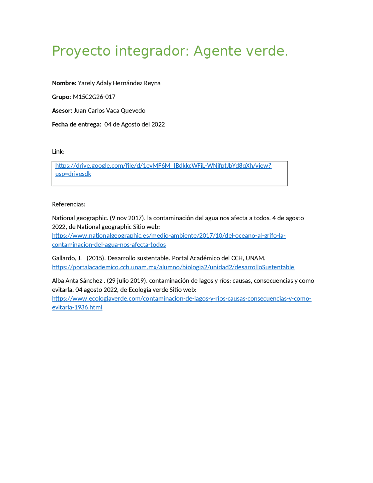 Proyecto integrador Modulo 15 AGENTE VERDE | Notas de estudo de Química | Docsity