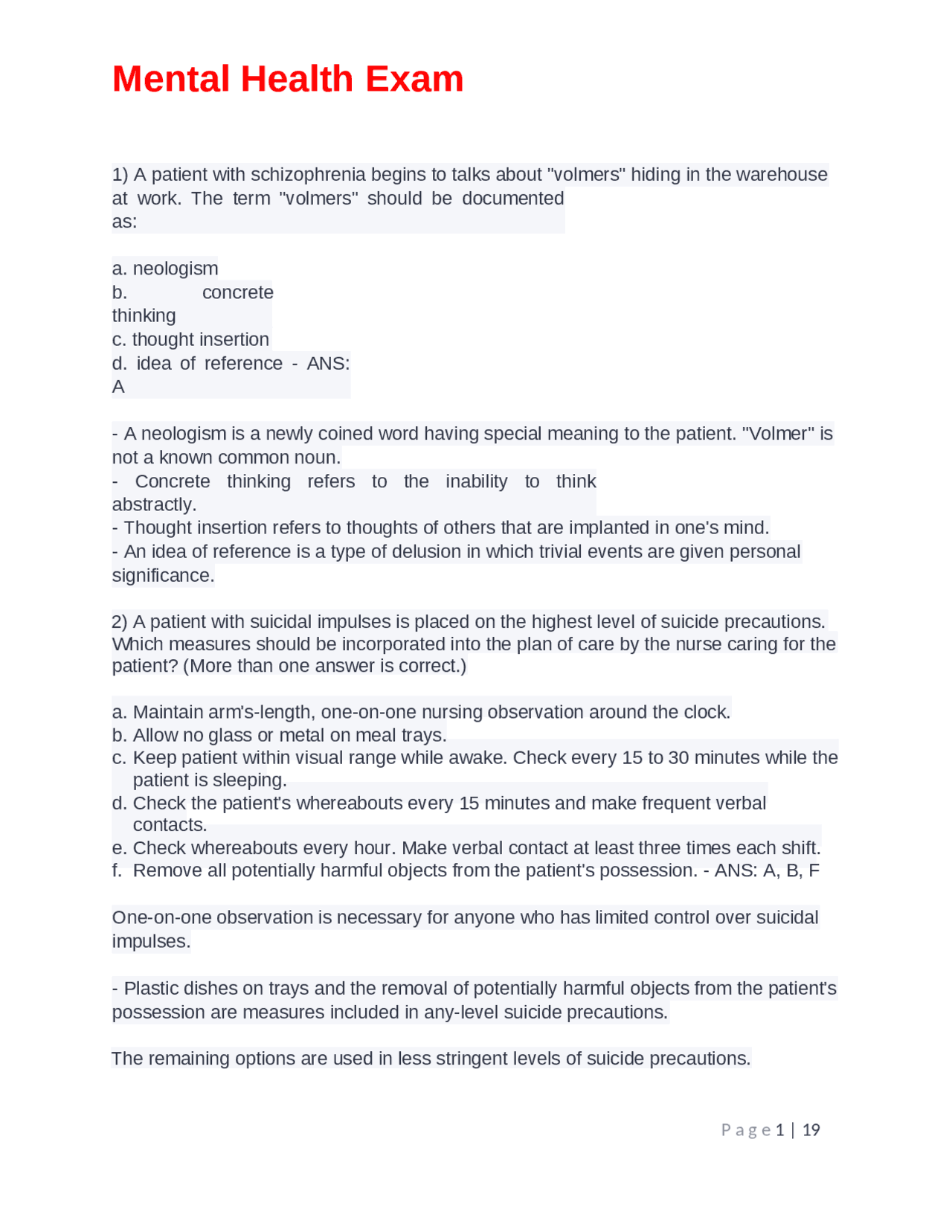 Mental Health Exam/Mental Health Exam | Exams Nursing | Docsity