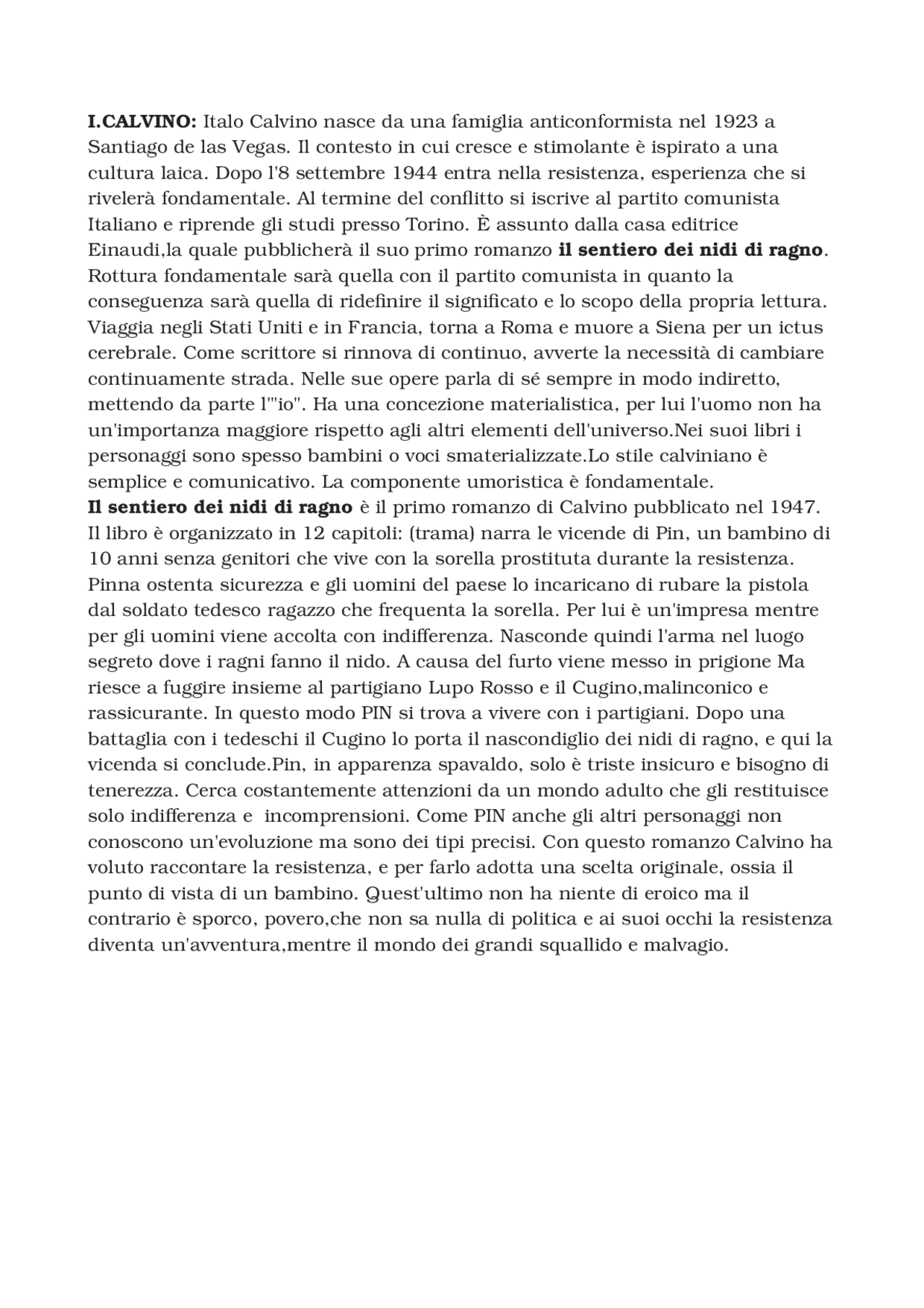 Italo Calvino-Il sentiero dei nidi di ragno | Dispense di Italiano | Docsity