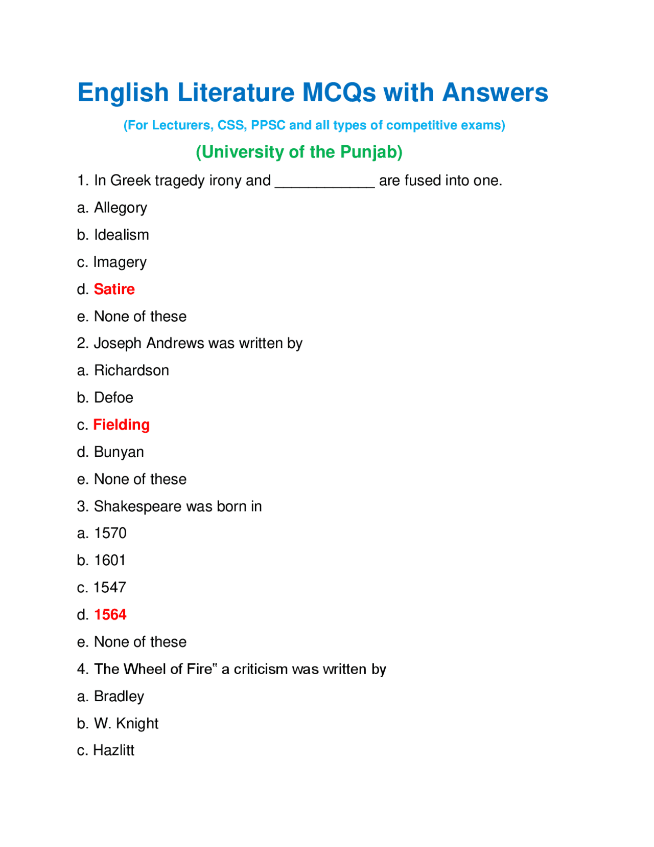 English Literature MCQs with Answers | Quizzes English Literature | Docsity